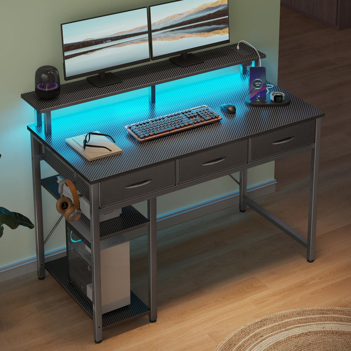 Wrought Studio™ Gaming Desk with LED Lights & Power Outlets, Computer ...