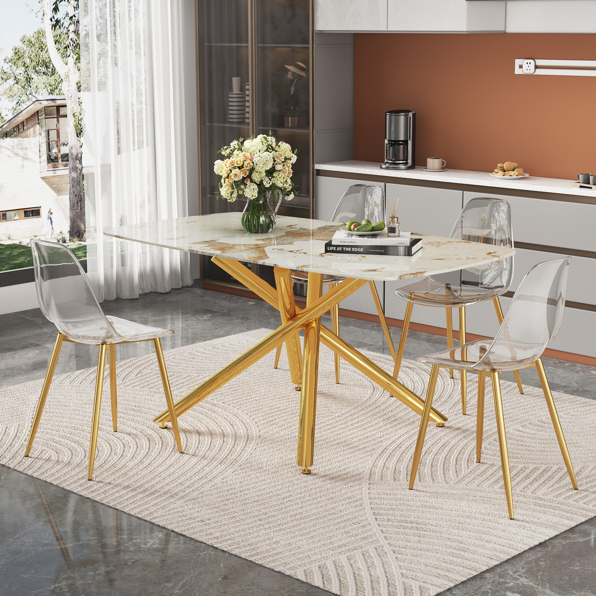 Wrought Studio™ Luxurious Dining Table Set, Tempered Glass Top & Legs ...