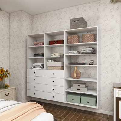 Latitude Run® Whtie Wooden Closet System with 2 shelves 4 drawers and 6 ...