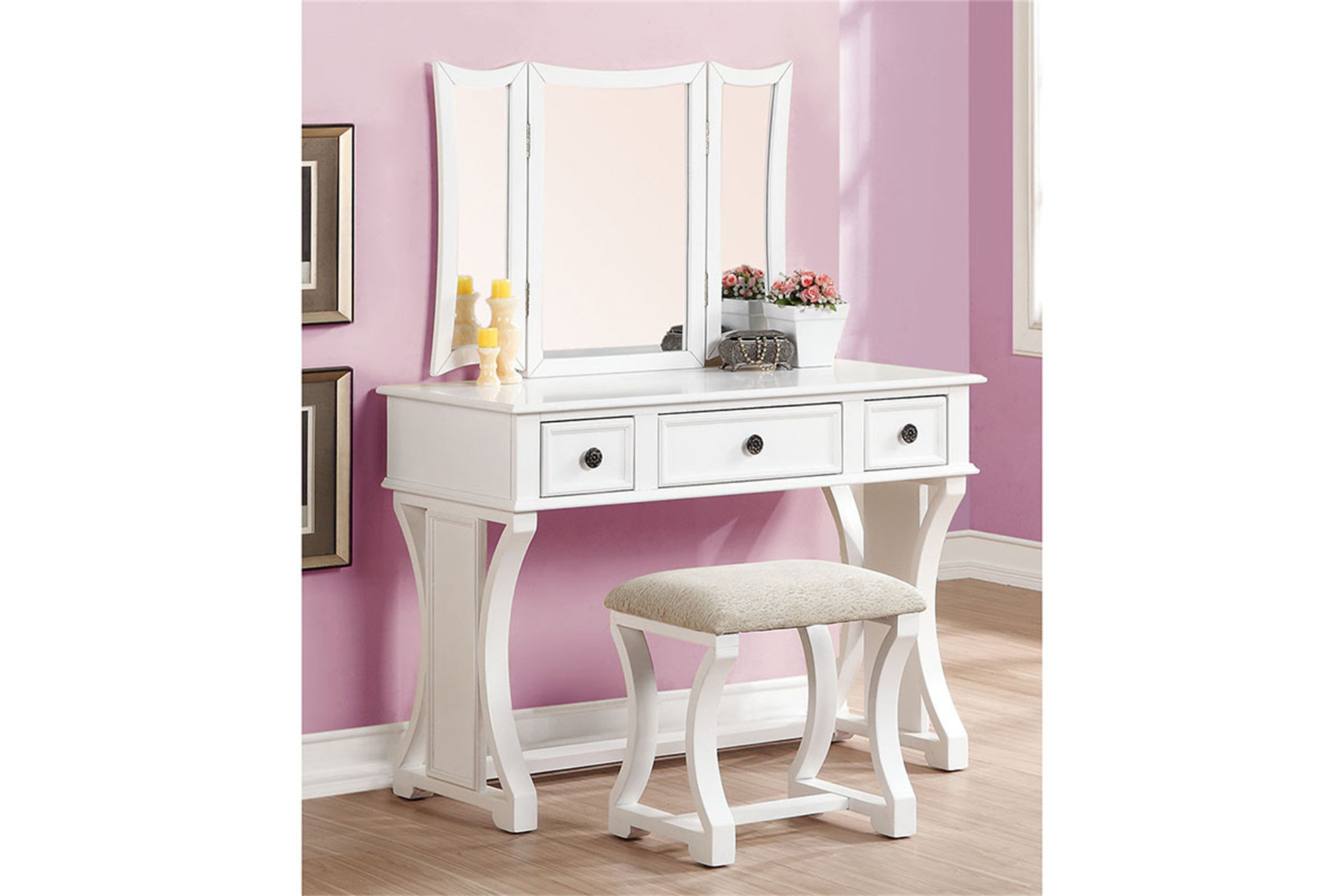 George Oliver Unique Modern Bedroom Vanity Set W Stool Foldable Mirror ...