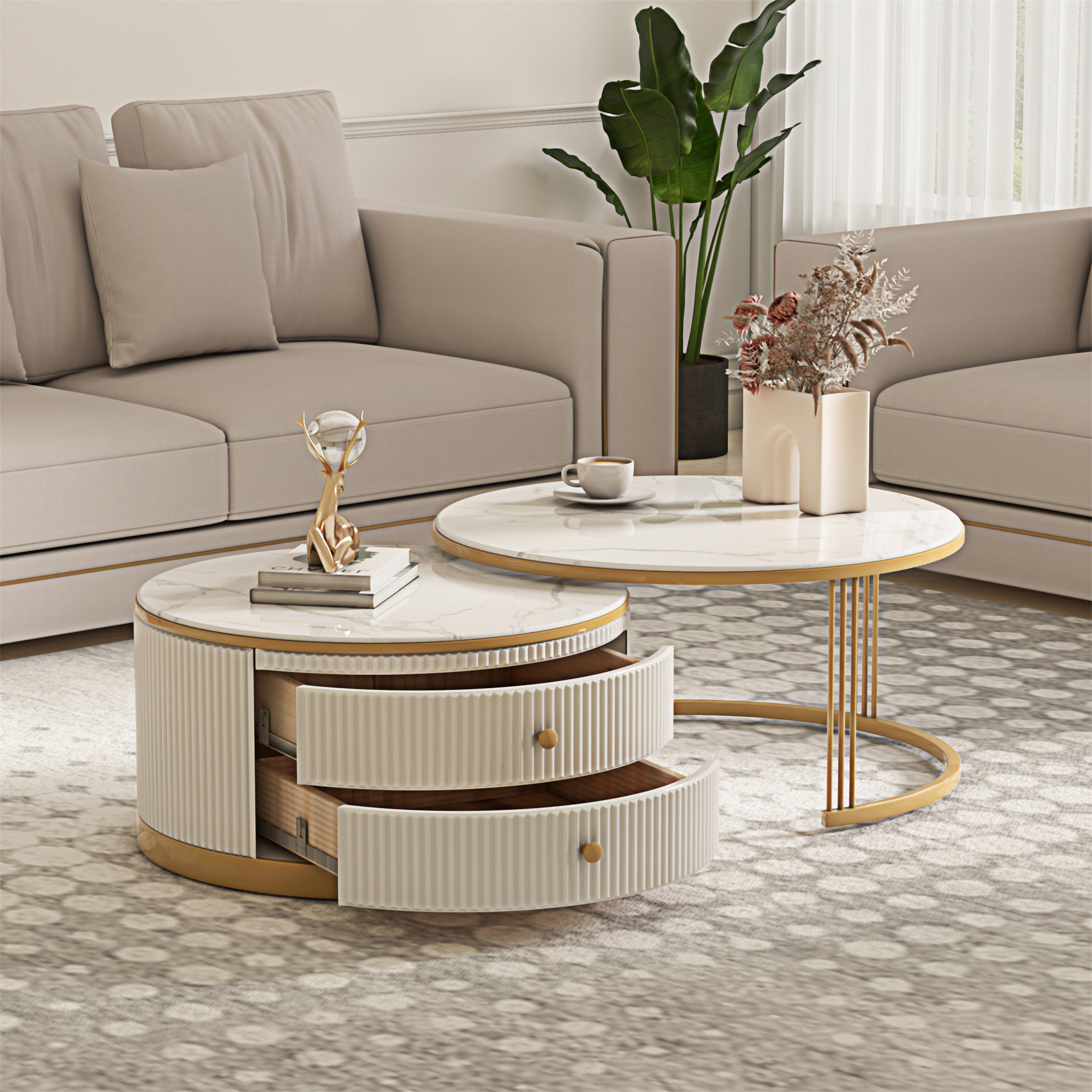 Brayden Studio Modern Nesting MDF Coffee Table Set Of 2, Round White ...