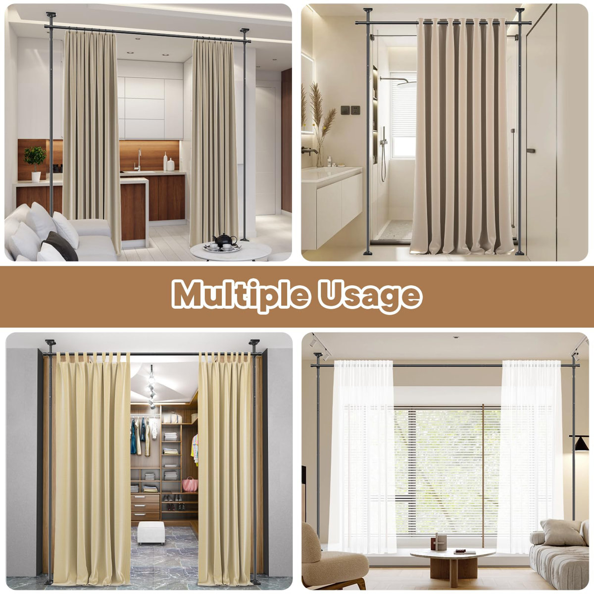 Ebern Designs Room Divider Curtain Rod, No Drilling Tension Rod For ...