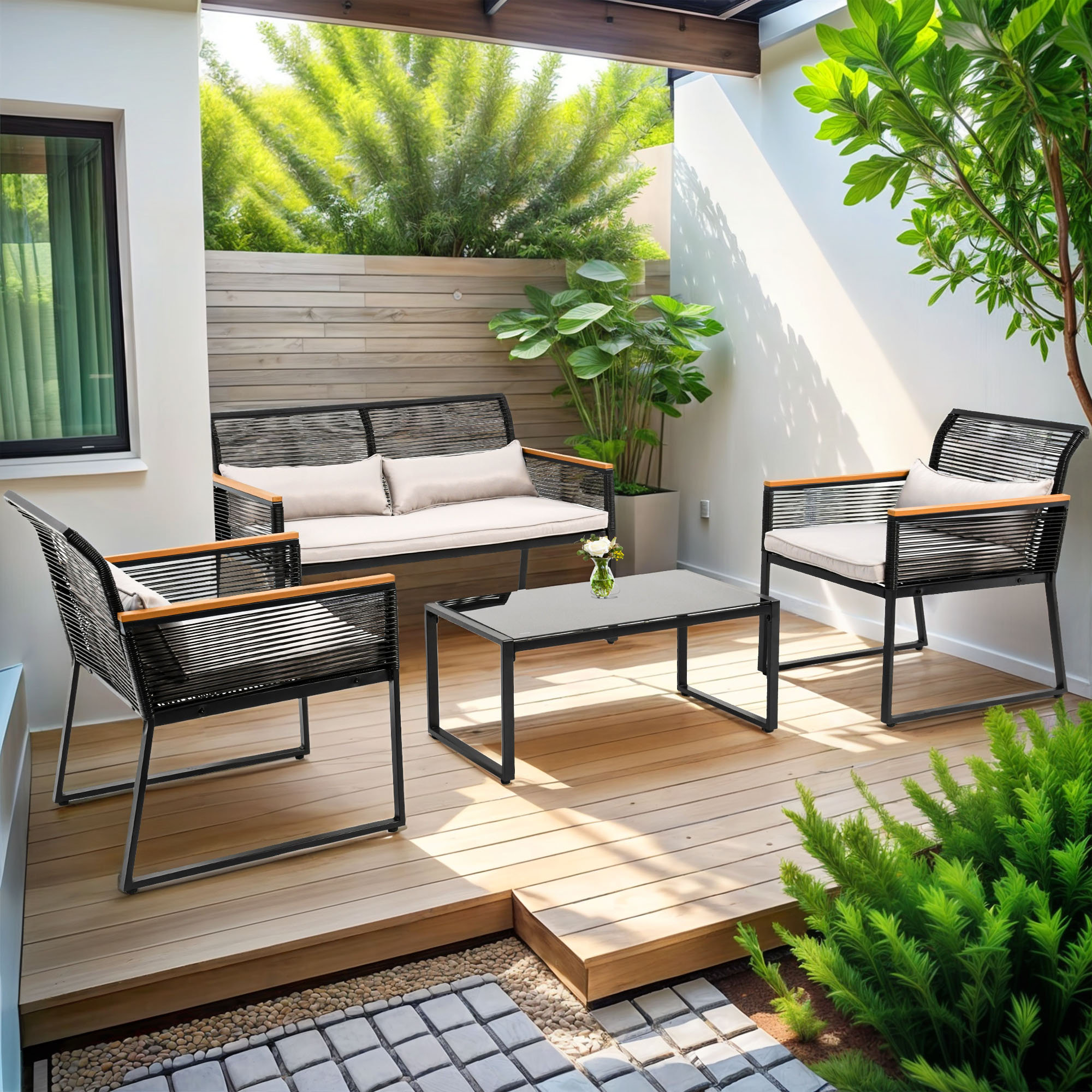 Ebern Designs Dinean 4 - Person Outdoor Seating Group with Cushions ...
