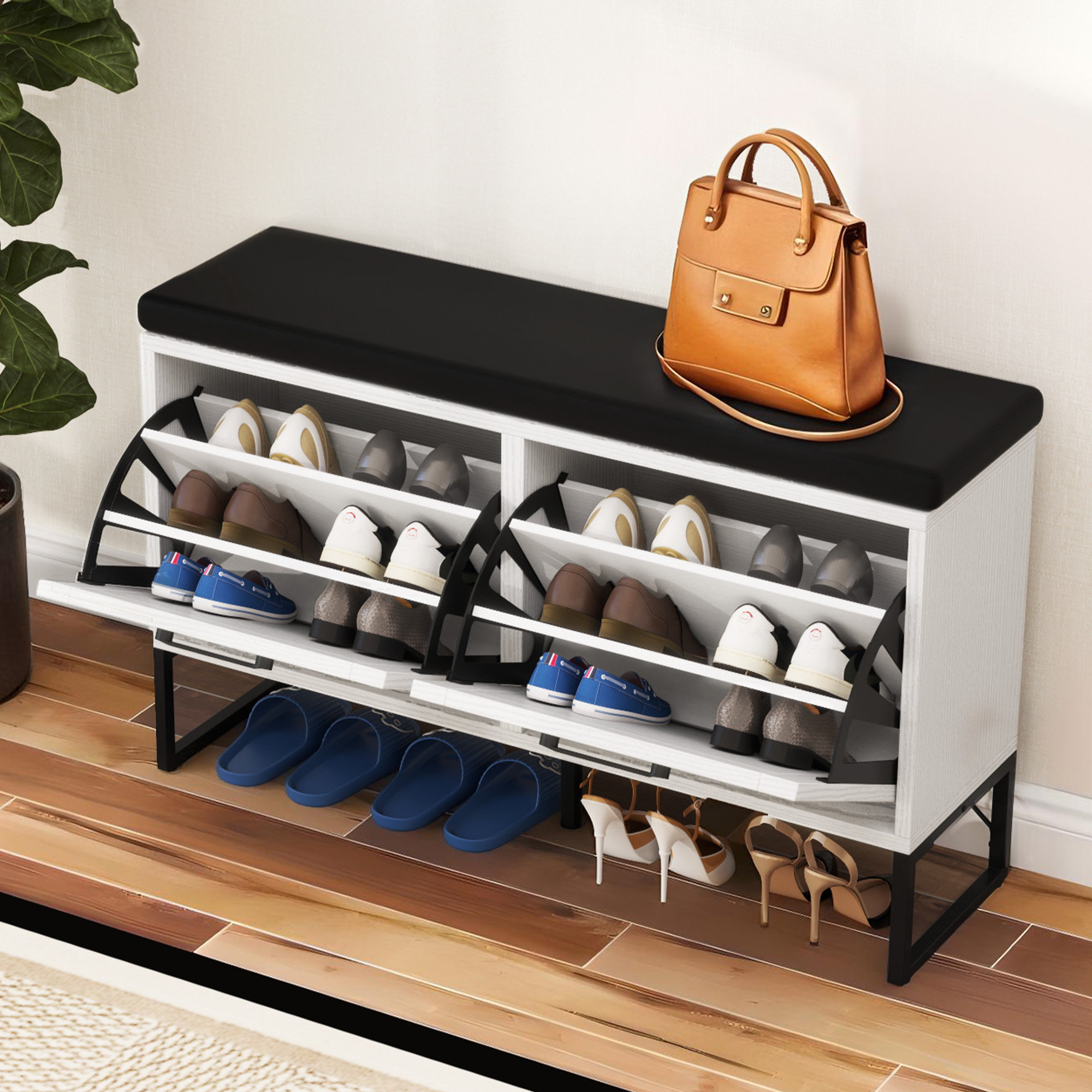 Gracie Oaks Farmhouse Shoe Storage Bench with Padded Seat and Double ...