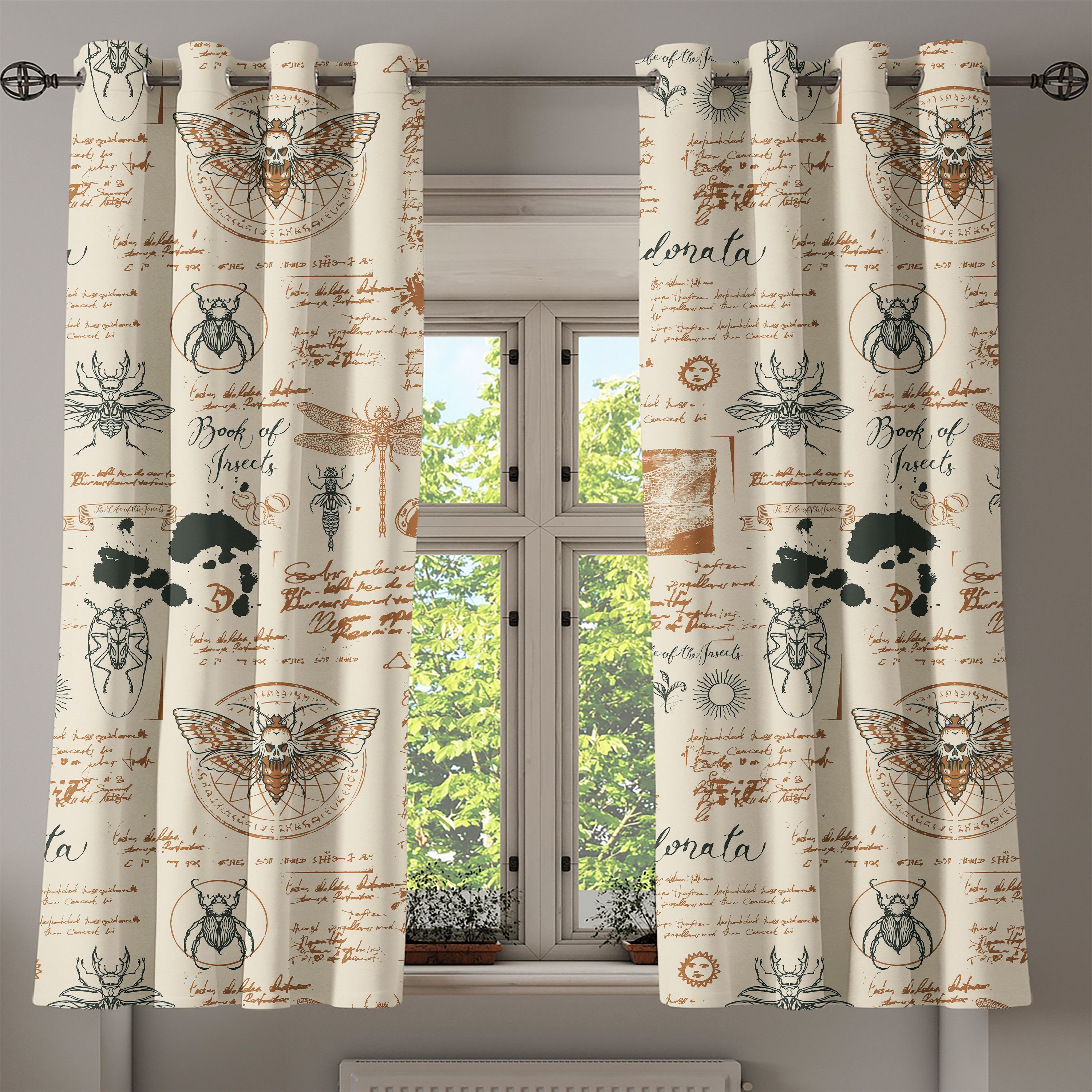 Latitude Run® Gothic Themed Grommet Curtain Spooky Moth Cockroach 50" x ...