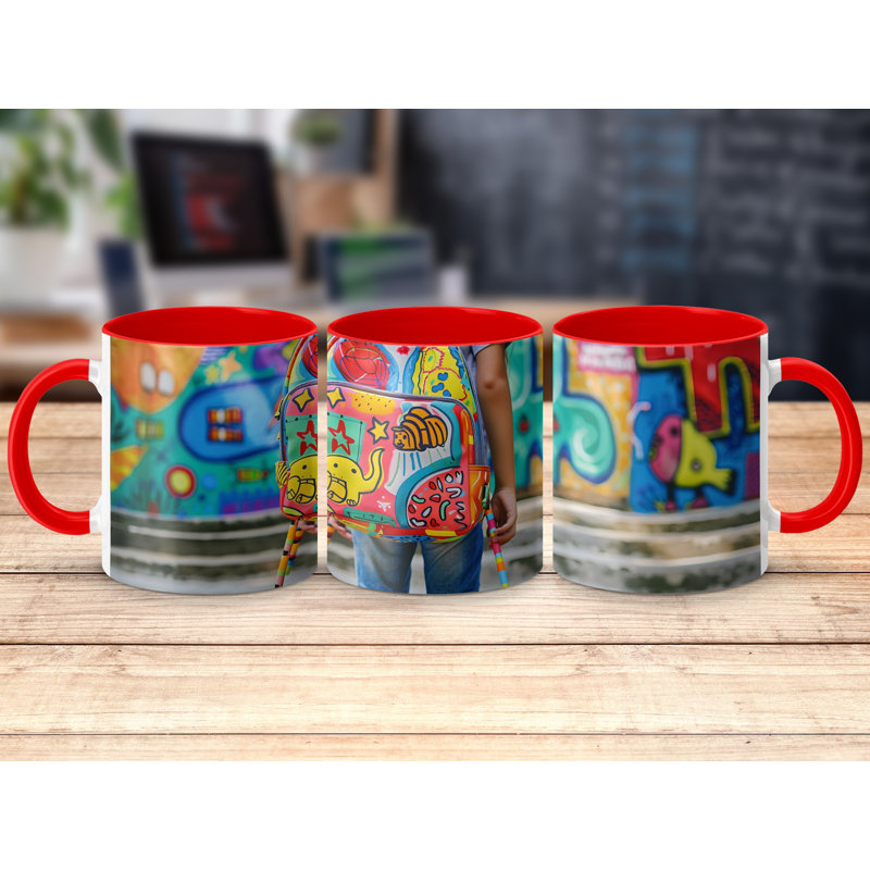 East Urban Home Kids Drawing Style 11oz Accent Mugs – White Ceramic ...