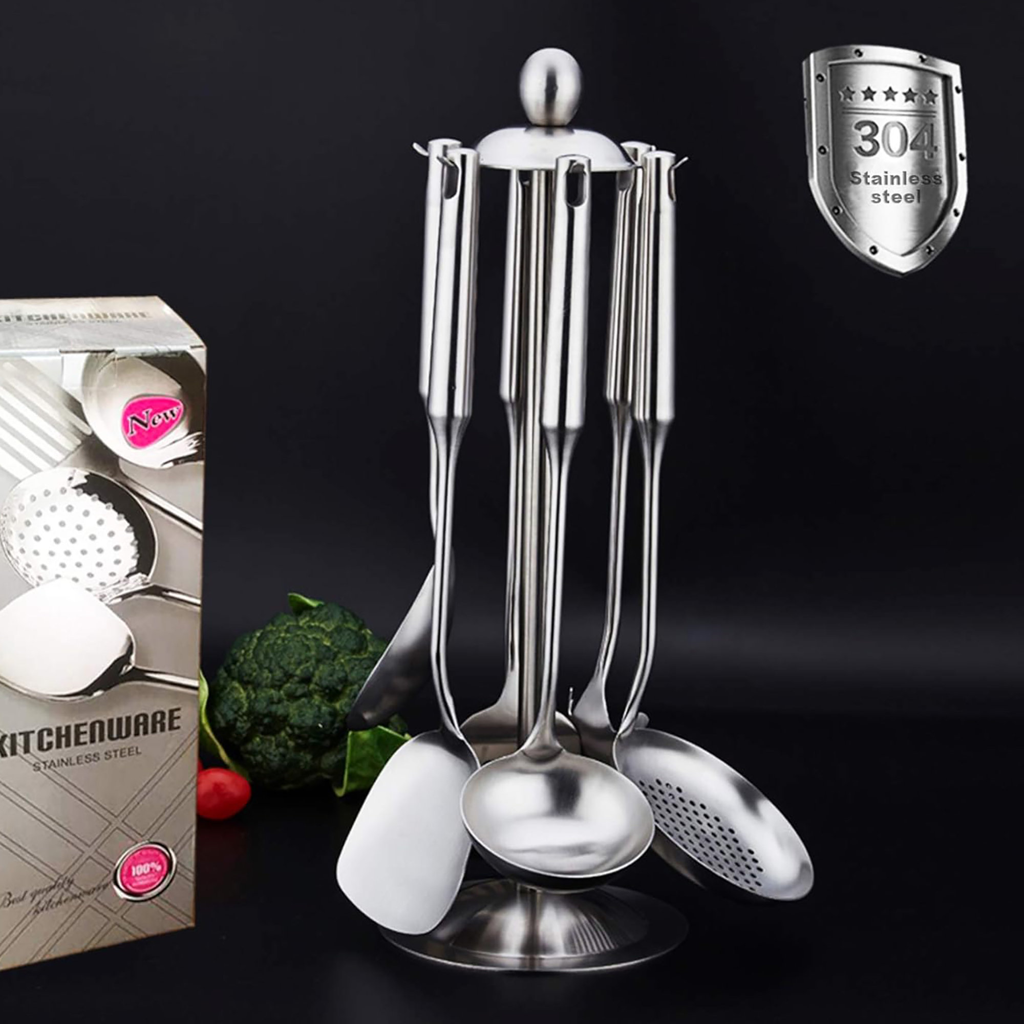 COSFUR 6 Piece Stainless Steel Kitchen Utensil Set with Rotating Holder ...