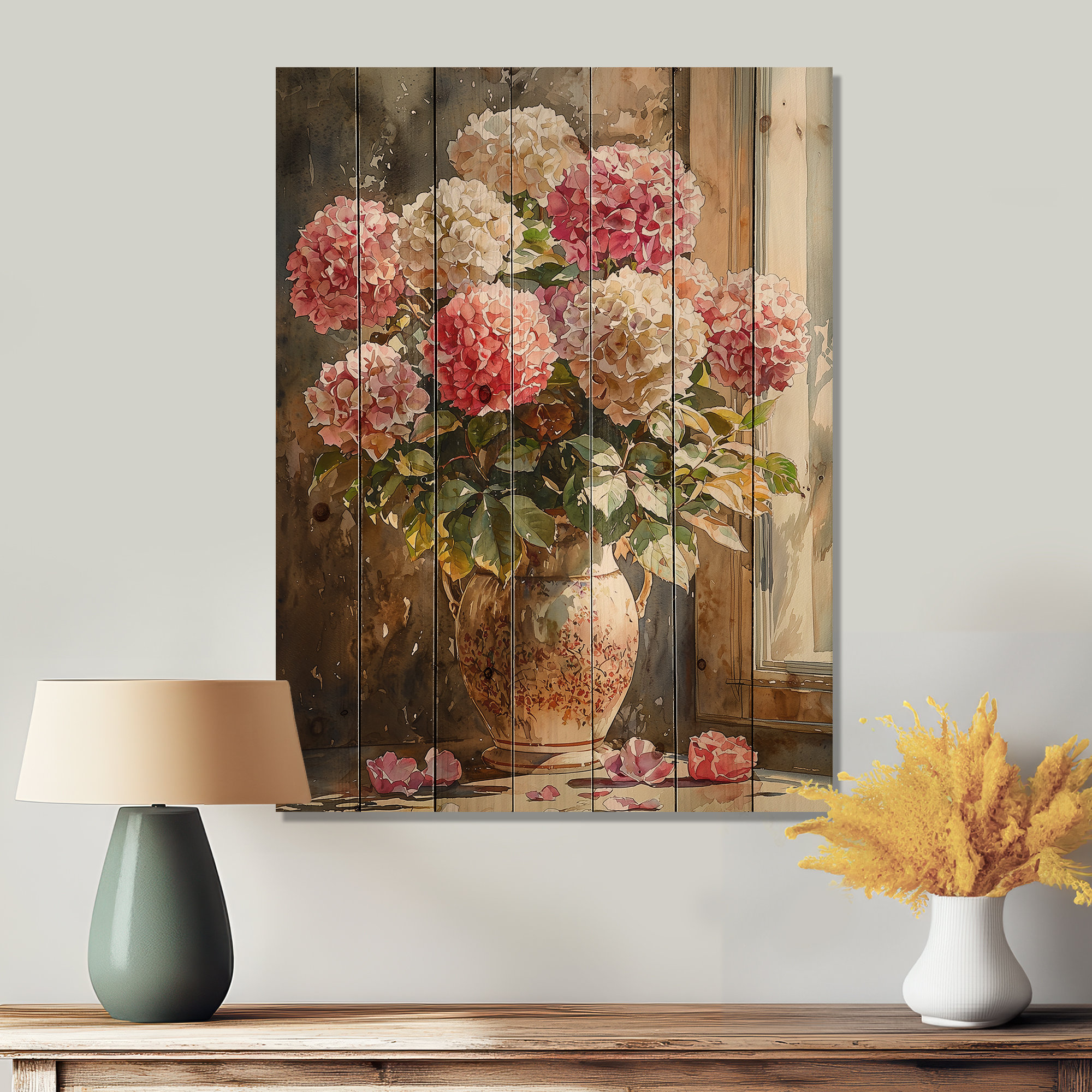 Ophelia & Co. Pink Hydrangeas In A Pottery Vase - Hydrangea Wood Wall ...