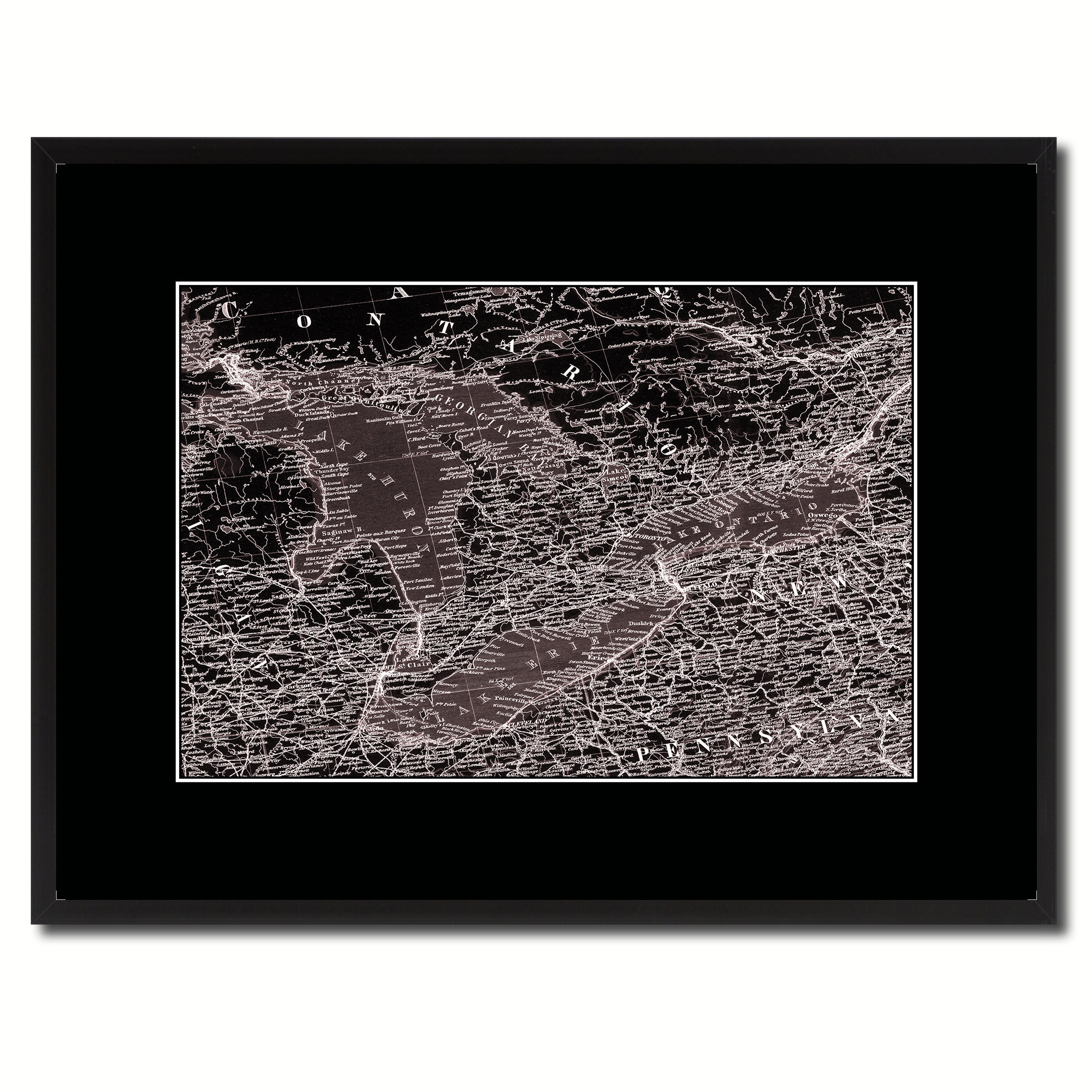 17 Stories Great Lakes Old Vivid Sepia Map Print On Canvas With Black ...