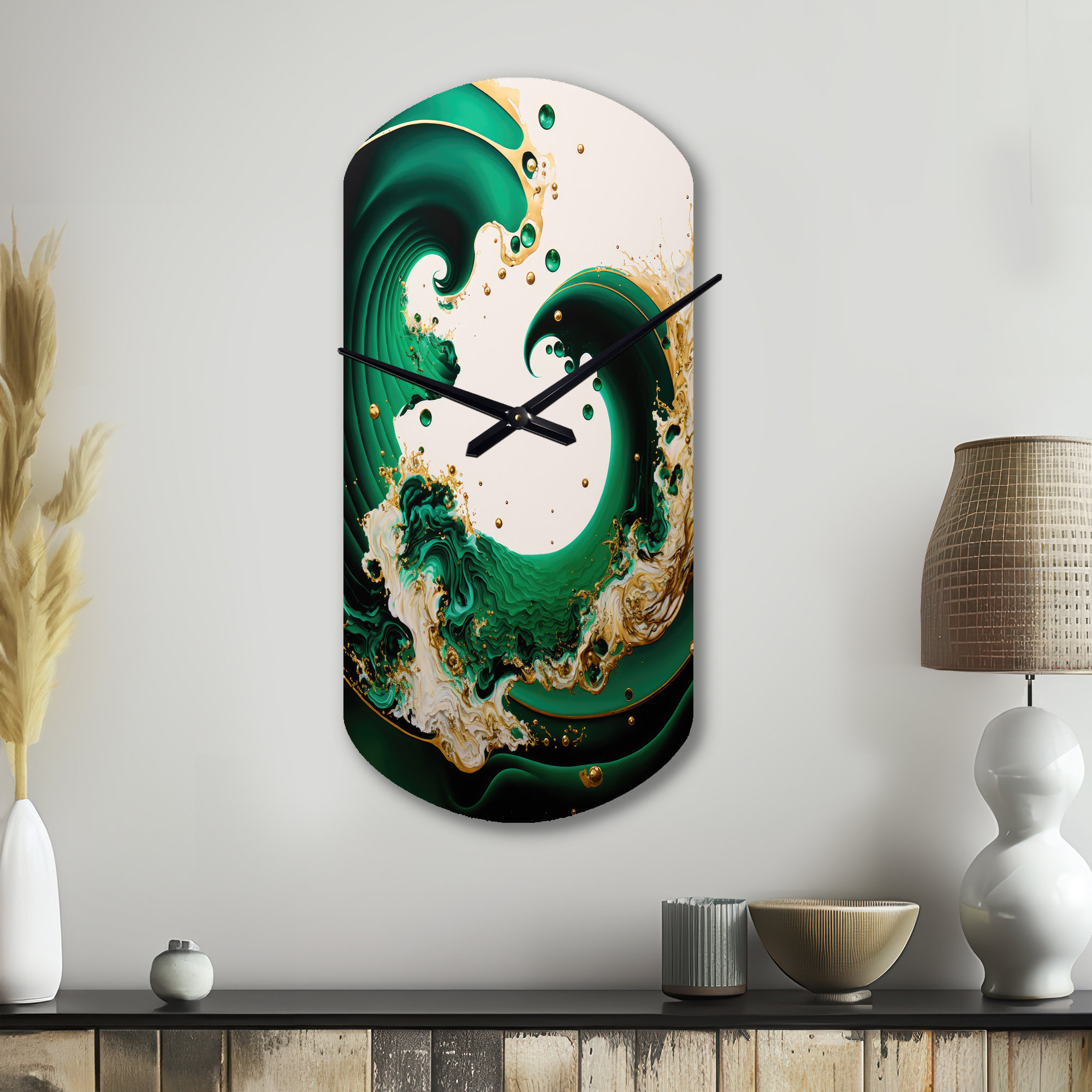 Design Art Emerald Green And Gold Abstract Waves I - Cylinder Shape ...