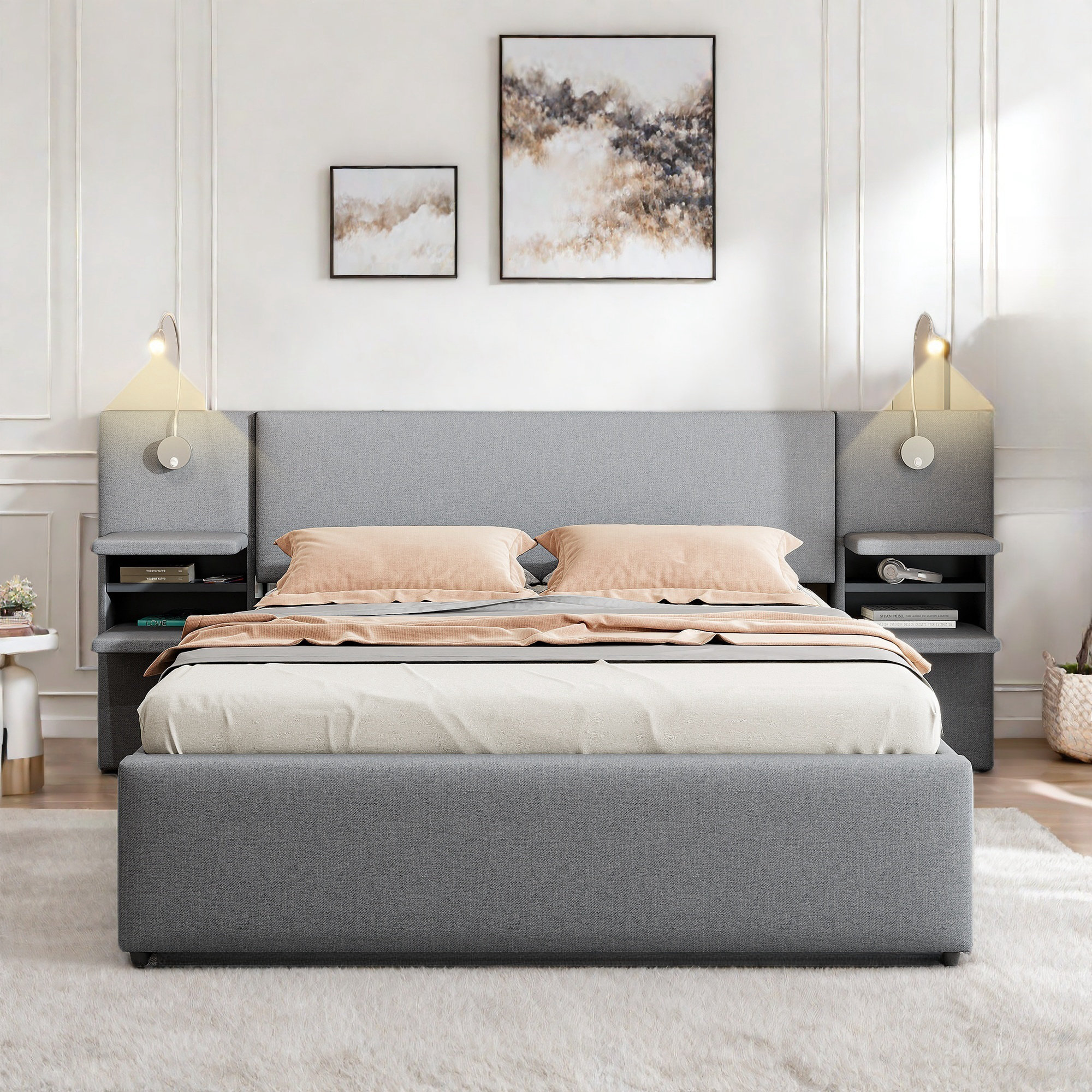 Latitude Run® Upholstered Platform Bed With Reading Lights, Drawers ...