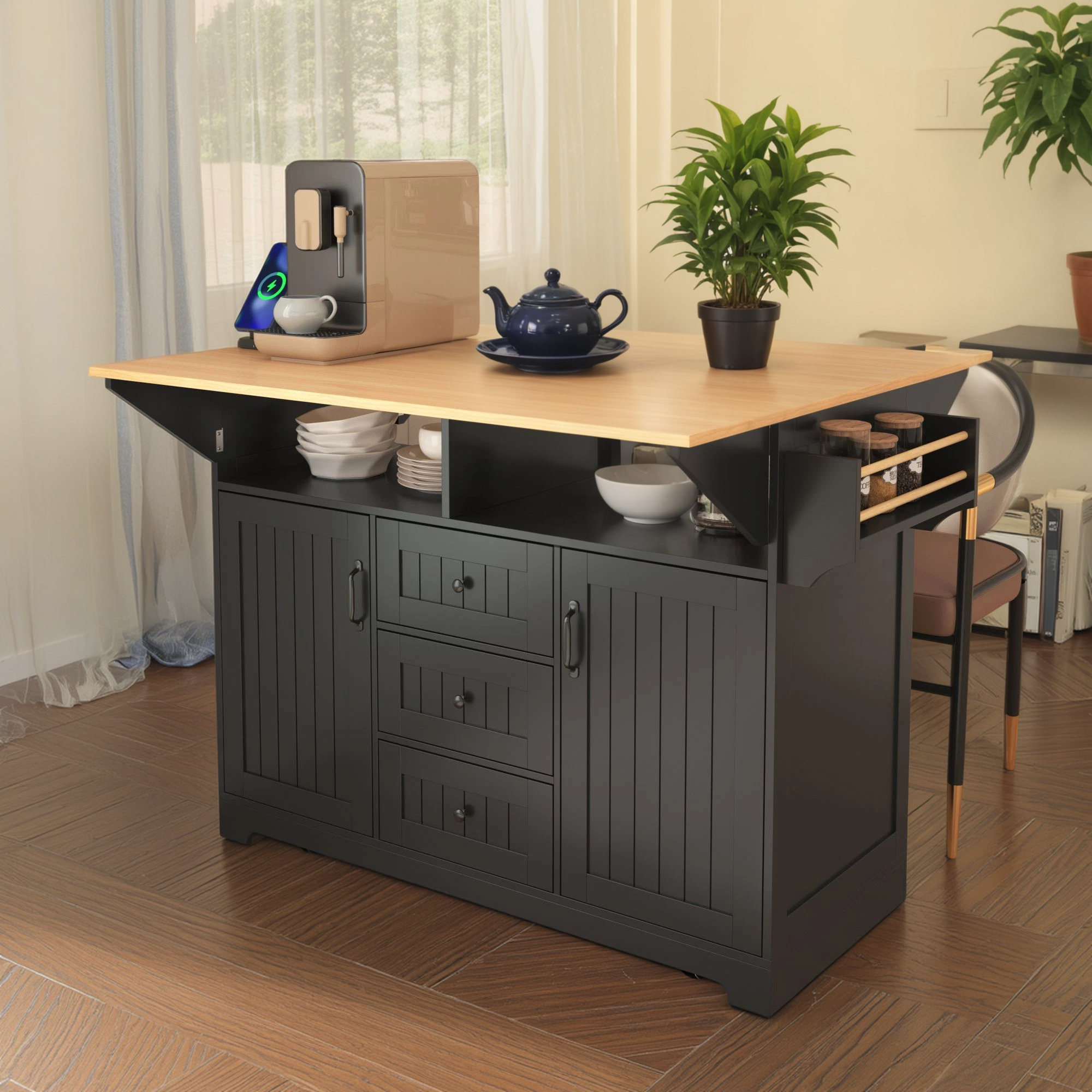 Lark Manor Large Kitchen Island, 5-Wheel Rolling Cart With 2 Folding ...