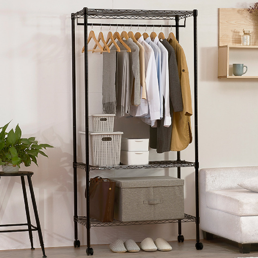 Rebrilliant 3 Tiers Rolling Garment Rack for Hanging Clothes ...