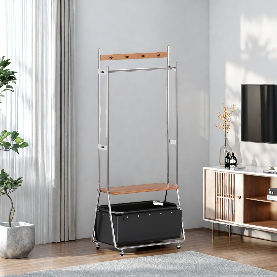 Ebern Designs Mobile Coat Rack with Cherrywood Shelves | Wayfair