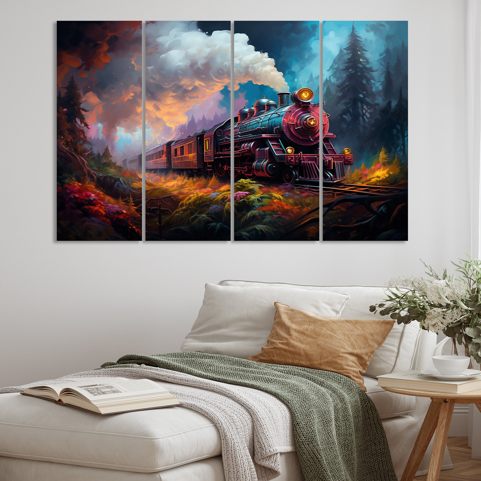 Design Art Steamtrain Travelling In The Sunset Painting - Train Wall ...