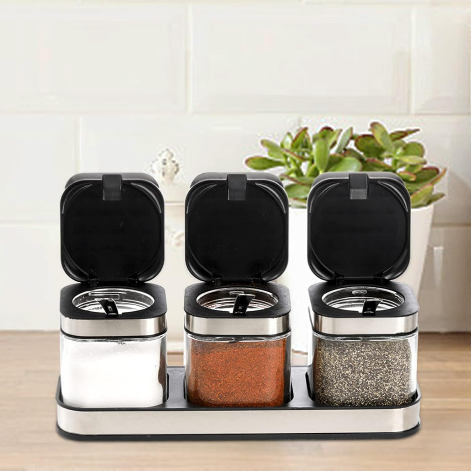 Prep & Savour 3 Pack Glass Seasoning Box With Tray, Clear Condiment ...