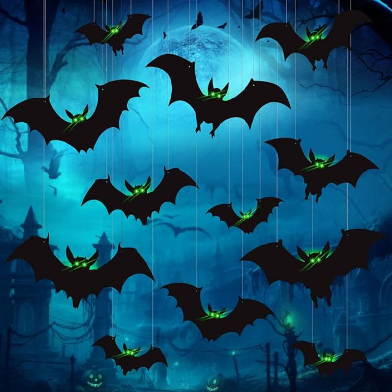 The Holiday Aisle® 12 Pcs Hanging Bats for Halloween Outdoor Decor ...
