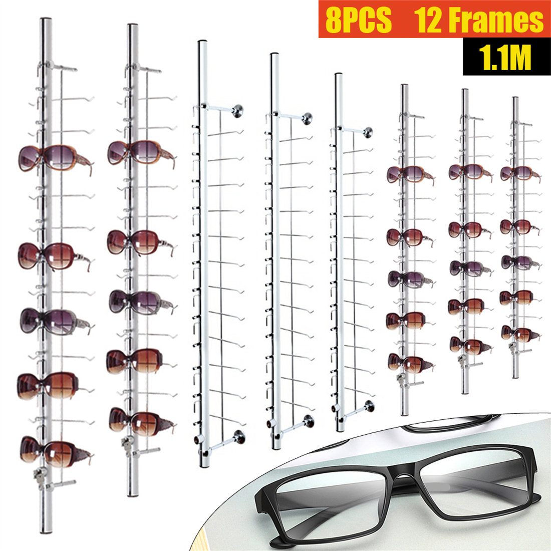 YaoTown 43.3'' H x 9.3'' W 8 pcs Aluminum Eyeglass Display Stand Rack ...