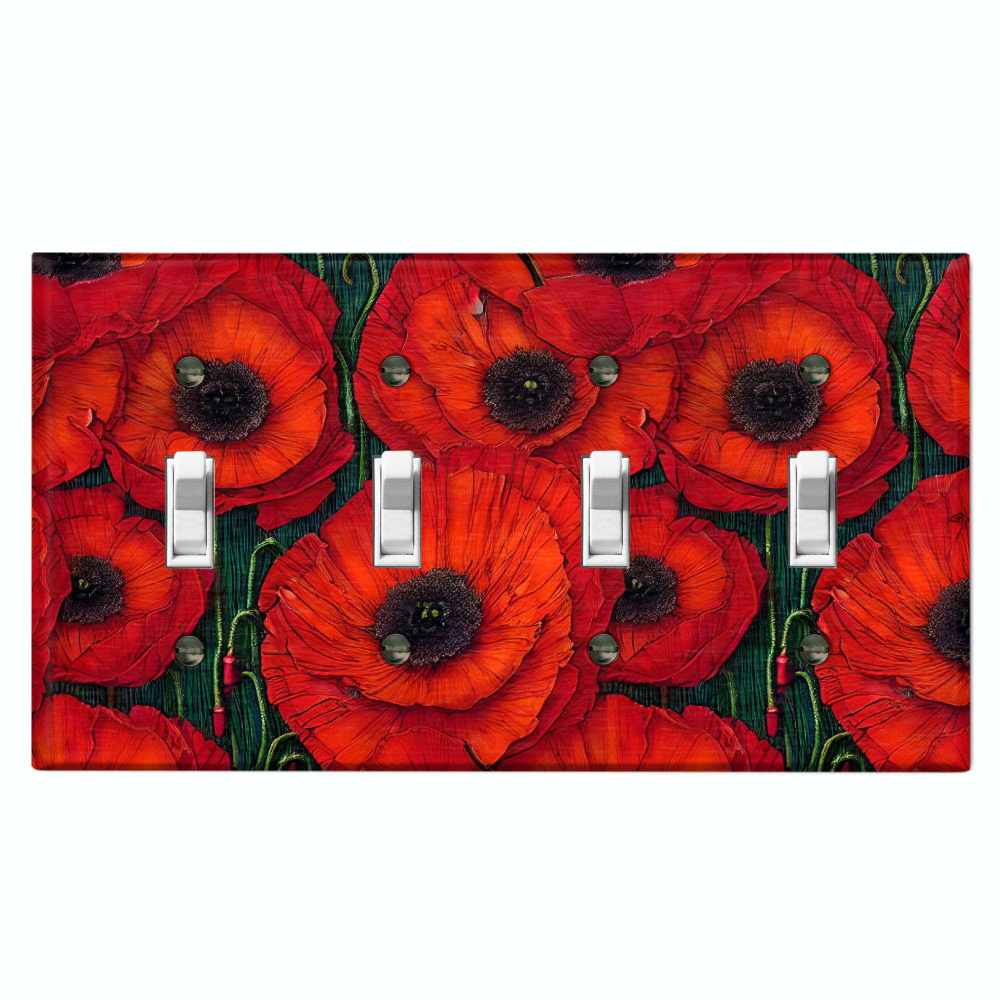 WorldAcc Red Flower Green Leaves Nature Themed 4 - Gang Toggle Light ...