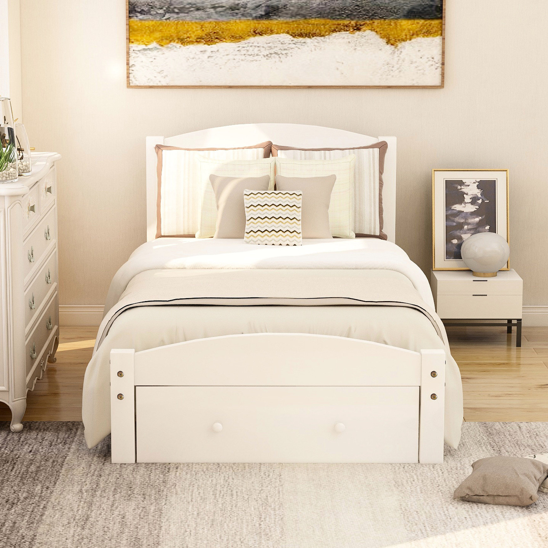 Ophelia & Co. White Twin Bed With Resilient Wood Slat Foundation And ...