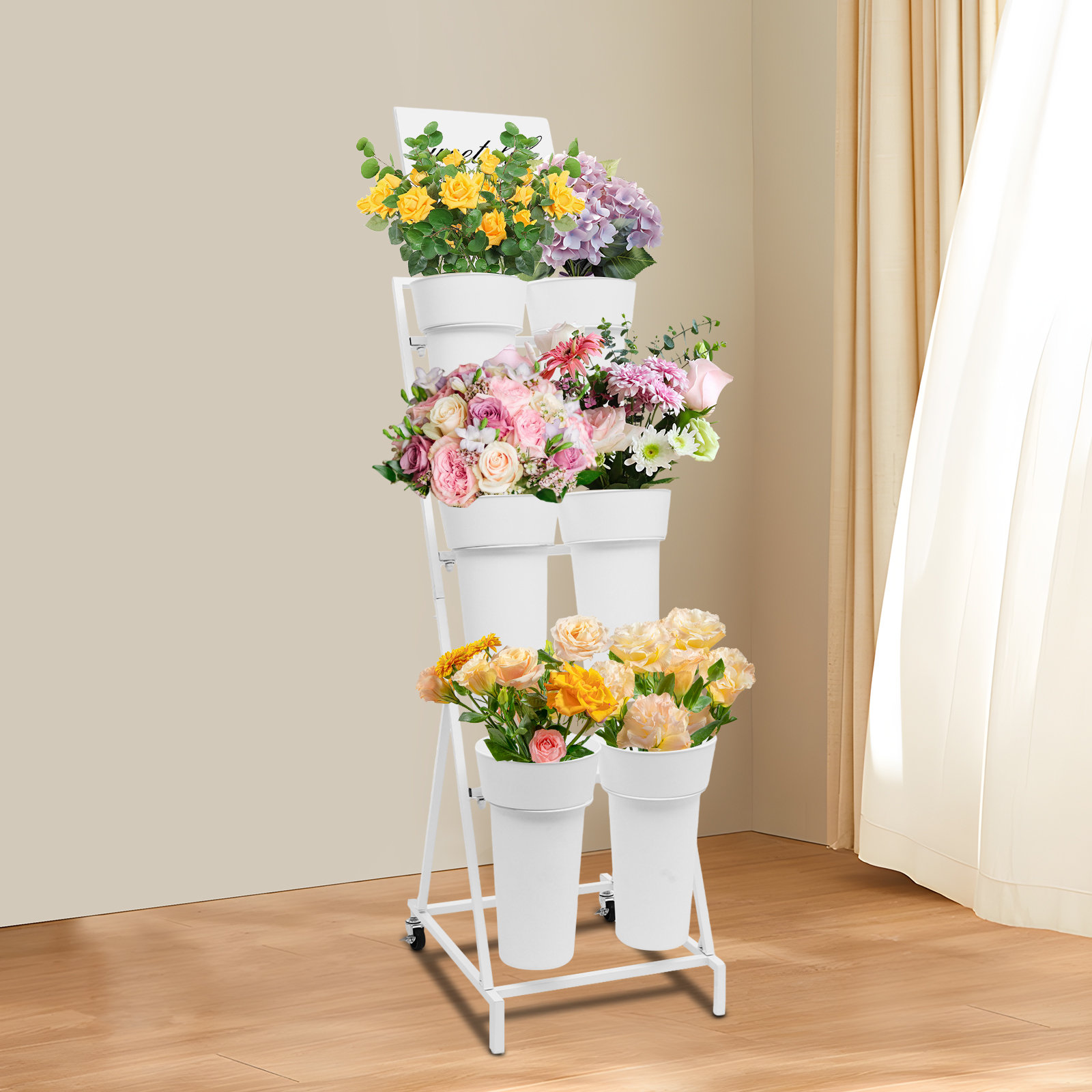 Latitude Run® 3 Tiers Flower Display Stand With Wheels And 6 Buckets ...