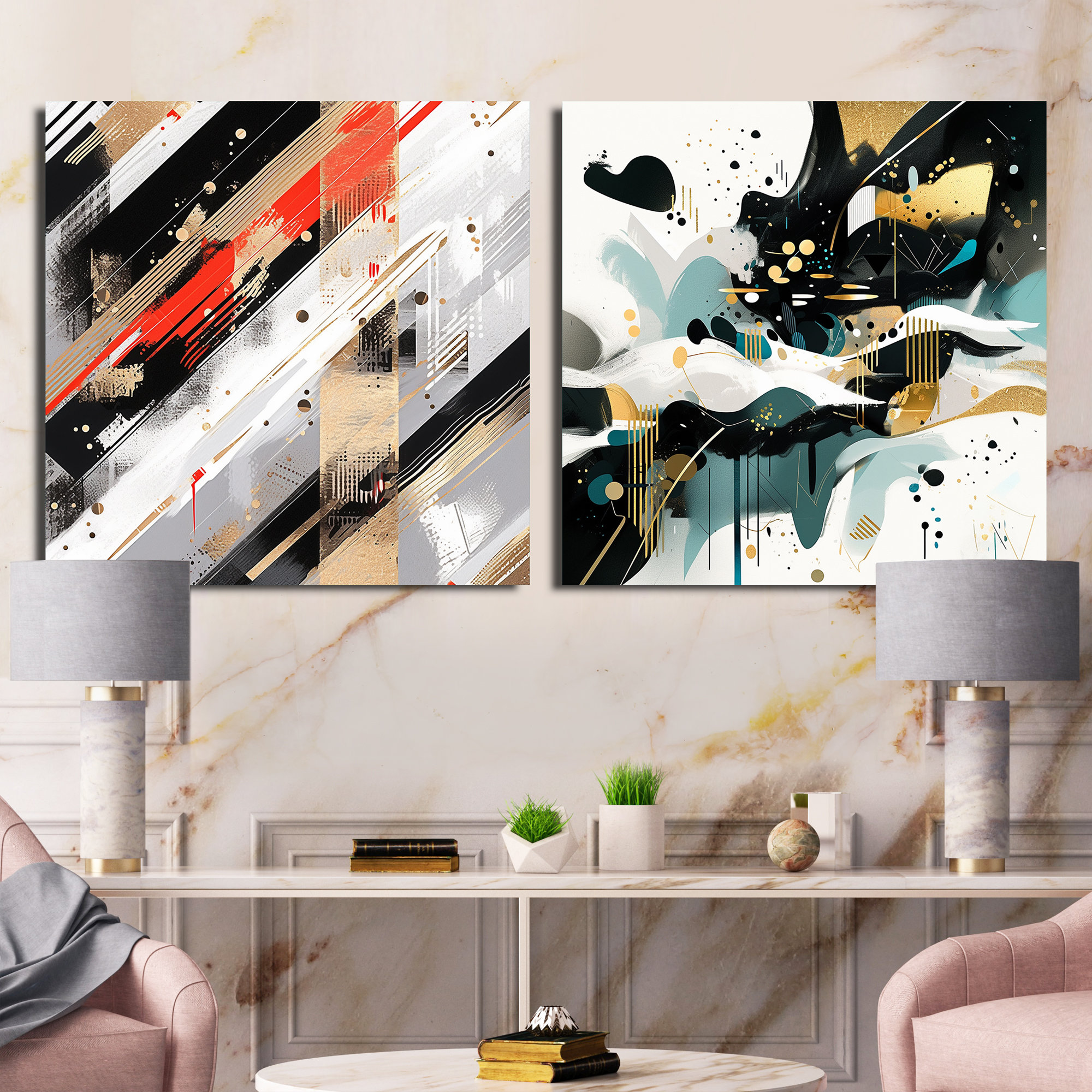 Wrought Studio Red And Gold Cubic Abstract - Cubism Square Collage Set ...