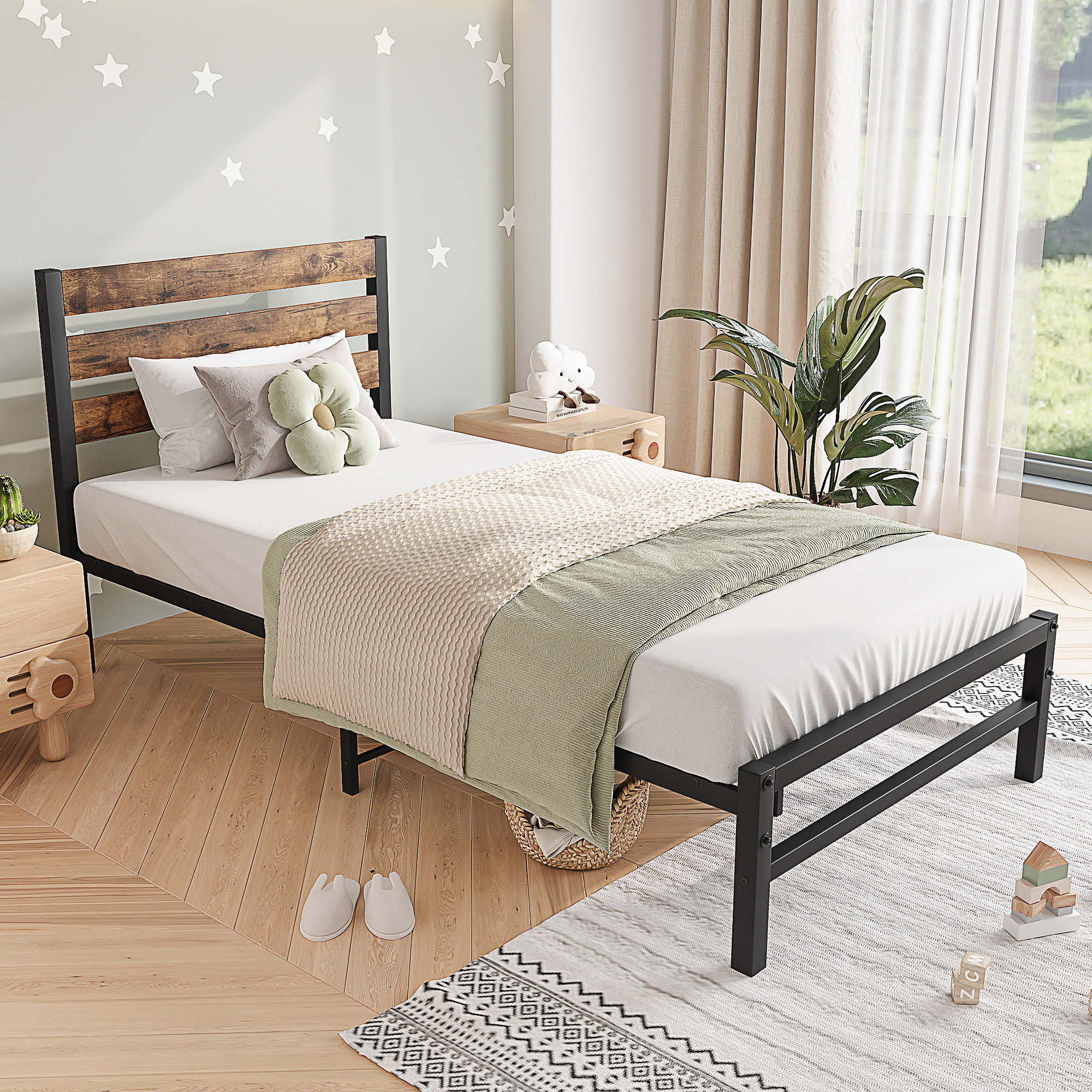 17 Stories Platform Bed Frame with Rustic Vintage Wood Headboard | Wayfair