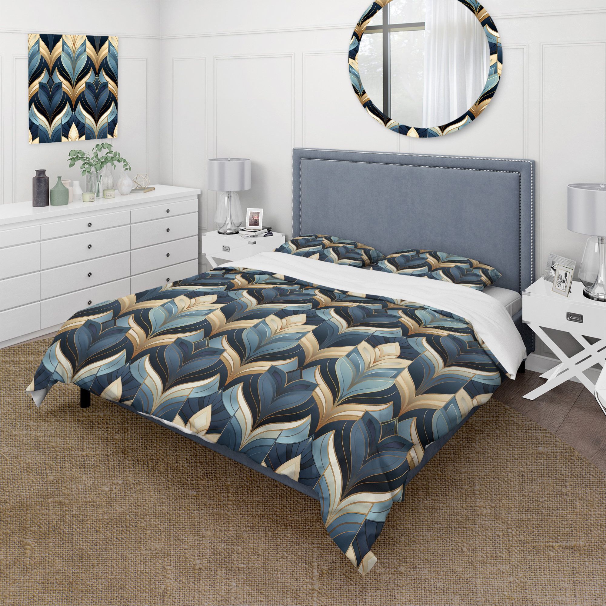 Design Art Victorian Elegance Blue And Gold Chevron Pattern Duvet Cover ...