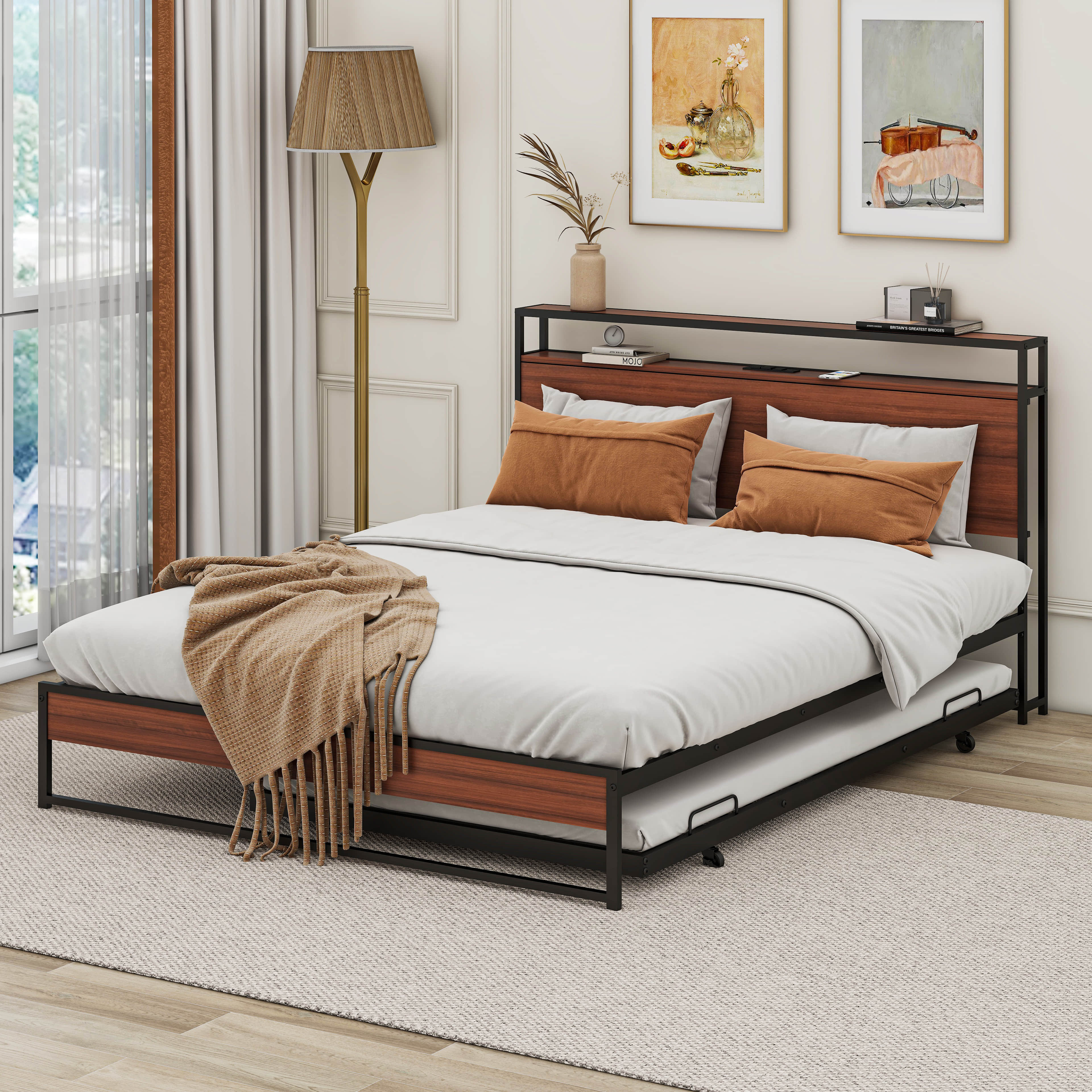 Cosmic Queen Size Metal Platform Bed Frame With Trundle, USB Ports ...