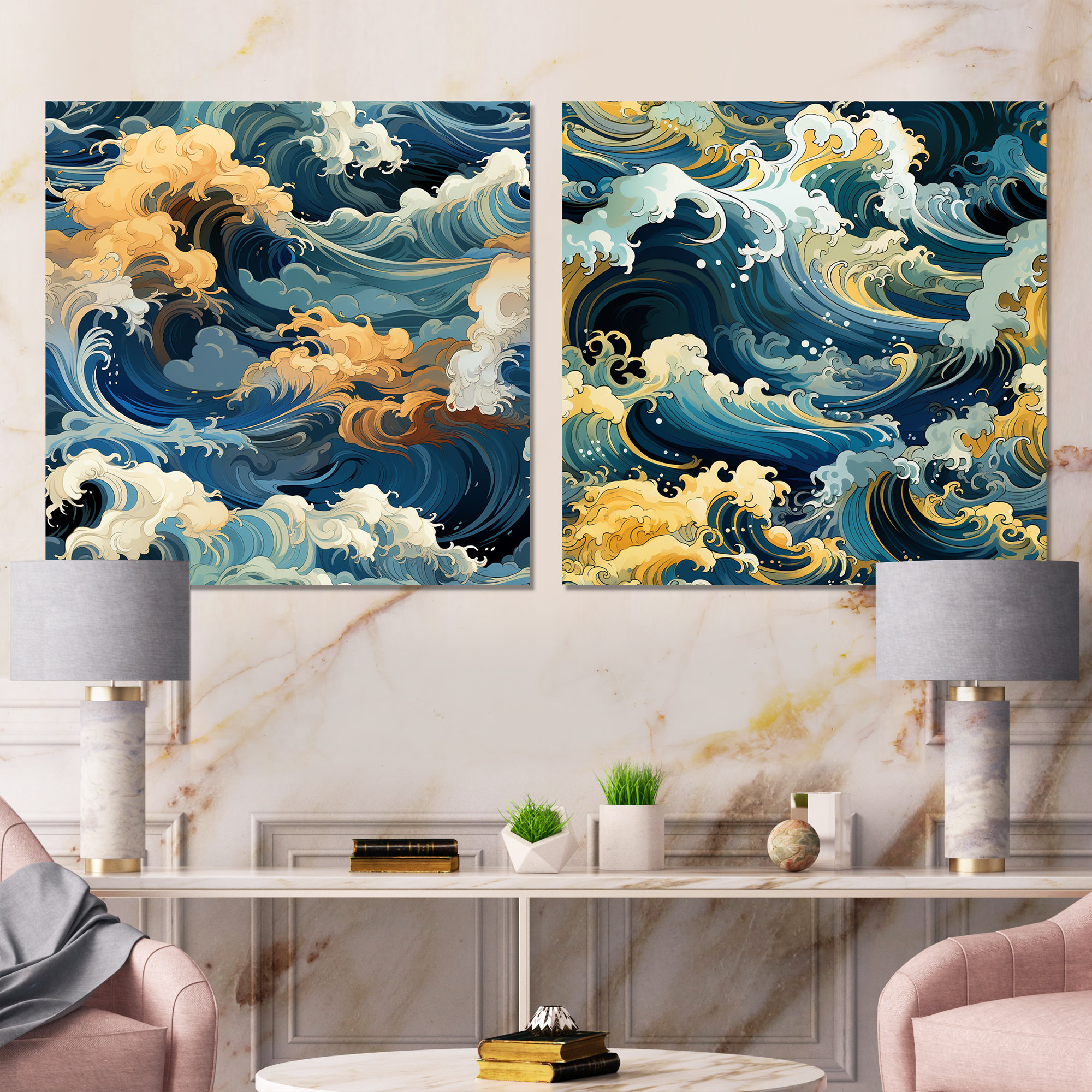 Design Art Sunrise Hokusai Waves Japanese Pattern - Coastal Metal ...