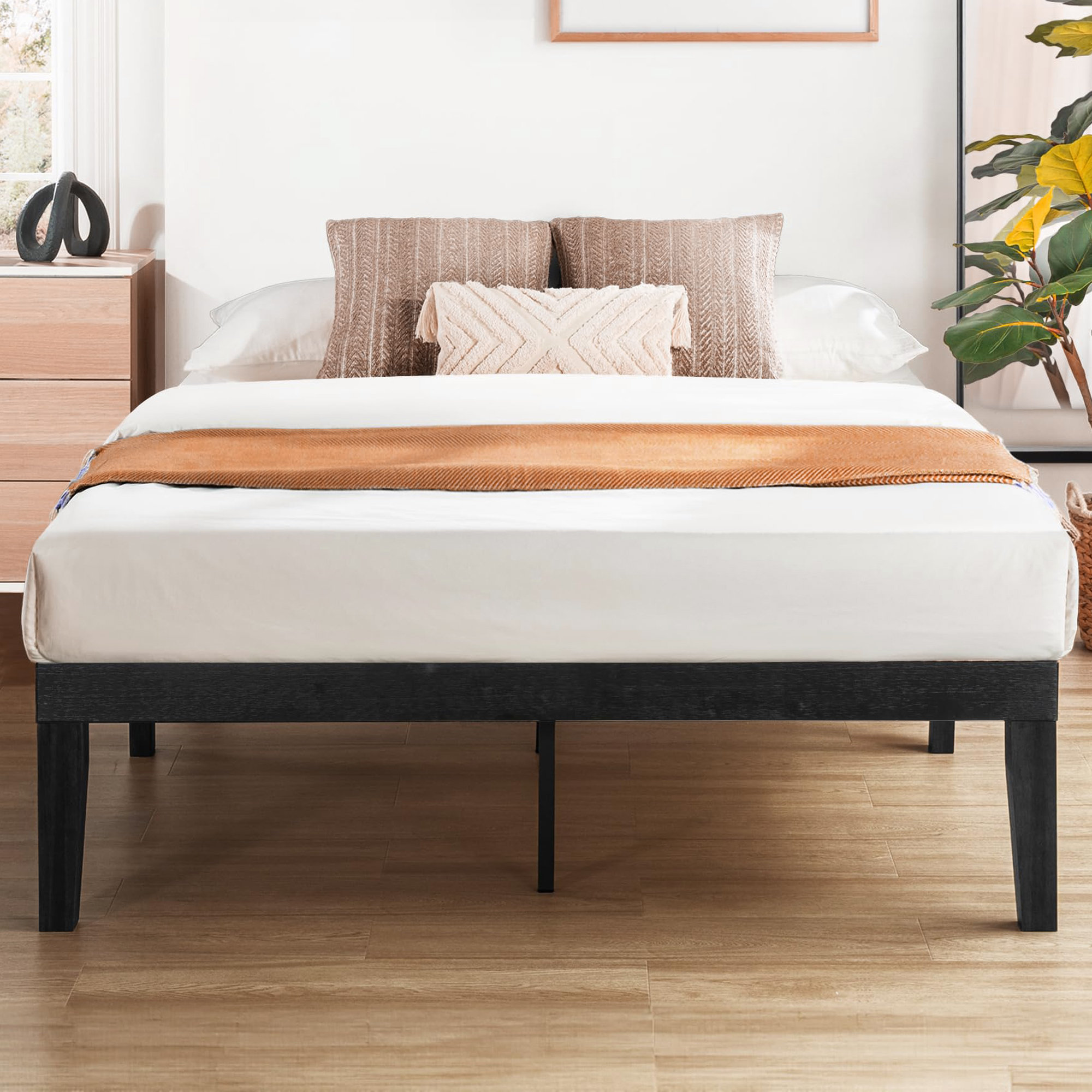 Latitude Run® Solid Wood Platform Black Bed With Wooden Slats No Box ...