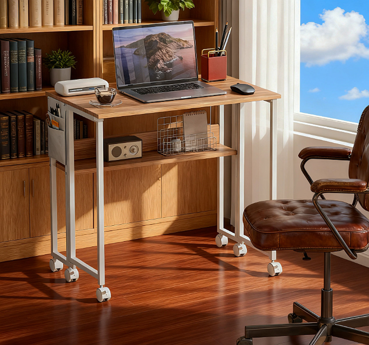 17 Stories Foldable Desk With Storage Bag,Shelf And Wheels For Small ...