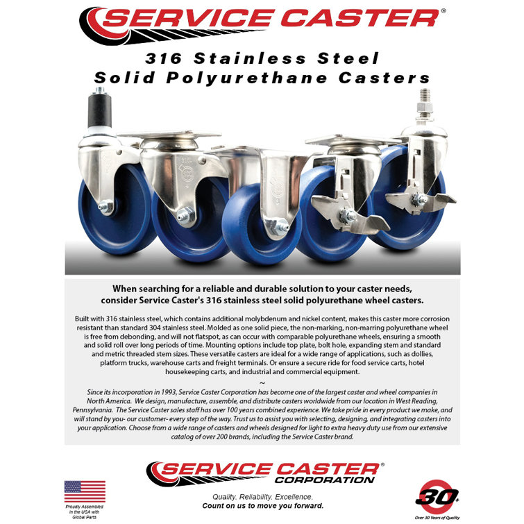 Service Caster 316SS Solid Polyurethane Swivel Stem Caster Total Lock ...