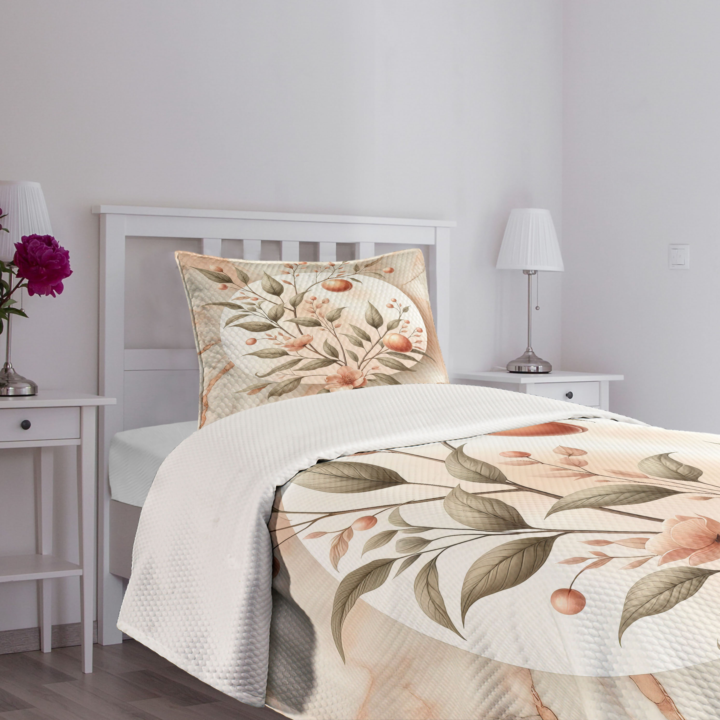 Ambesonne Peach Bedspread Set Orchard Branch Marble Print Slate Brown ...