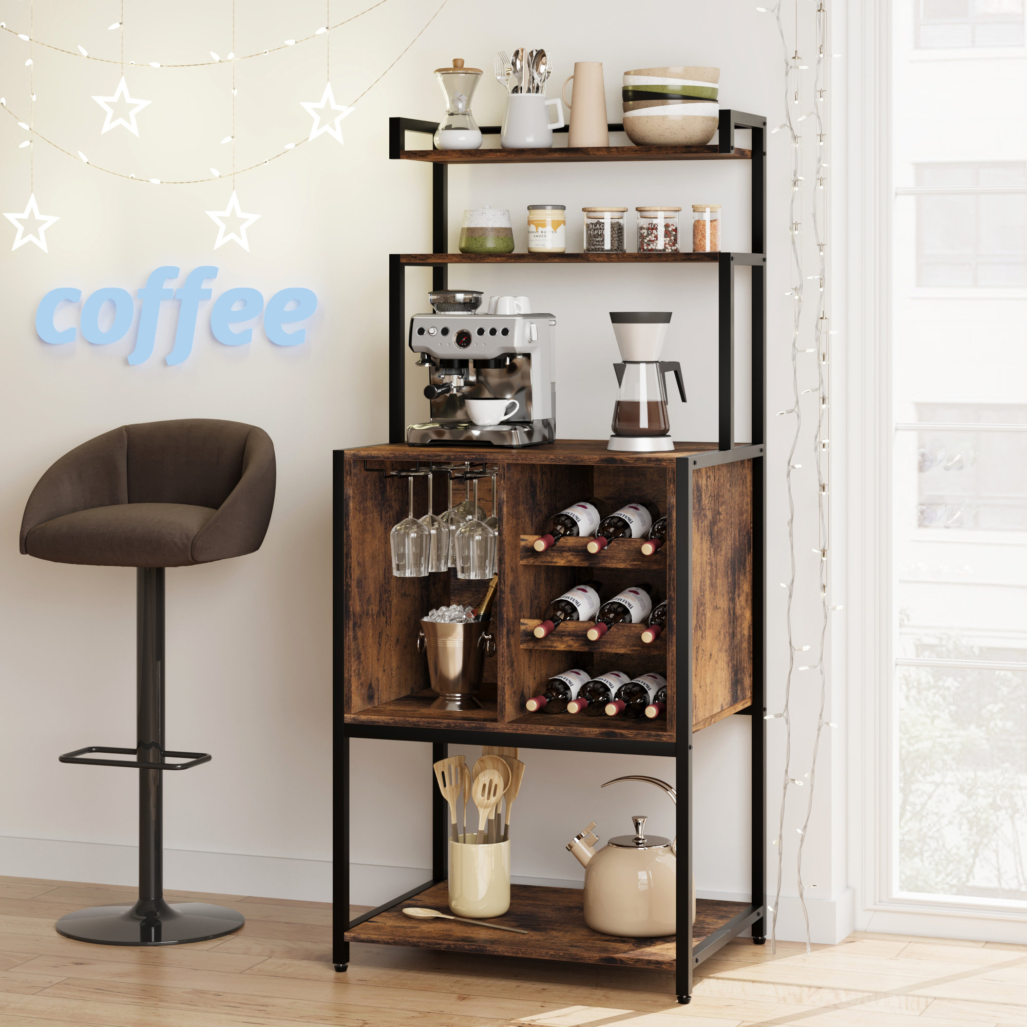 17 Stories Rustic 5-Tier Microwave Stand With 2 Drawer Bakers Racks For ...