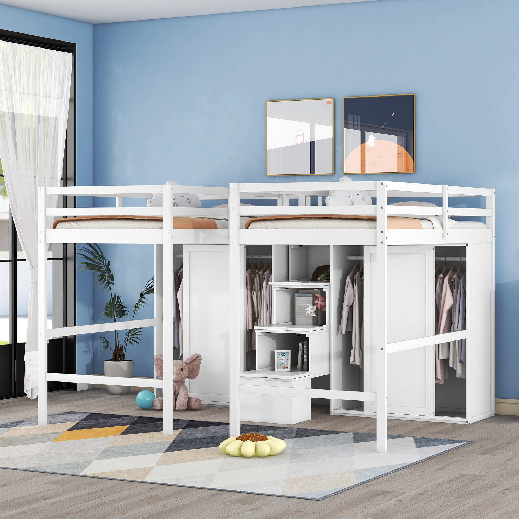 Harriet Bee Double Loft Beds With 2 Armoires And Storage Stairs | Wayfair