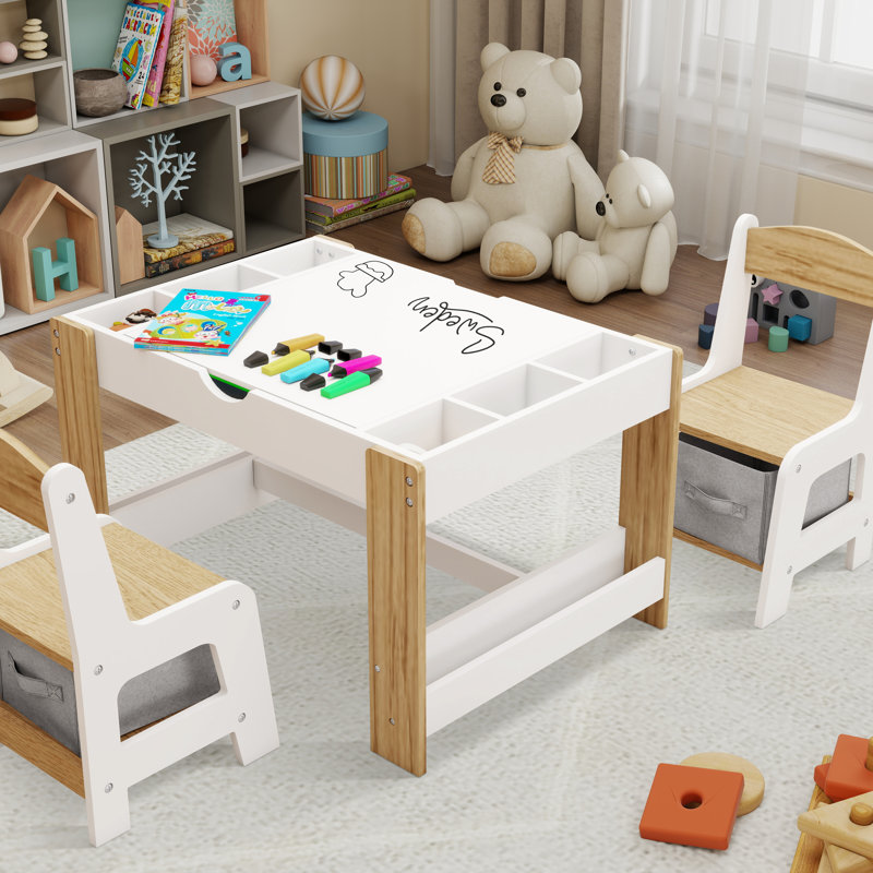 Harriet Bee Wooden Kids Play Table And 2 Chairs Set With 7 Storage ...