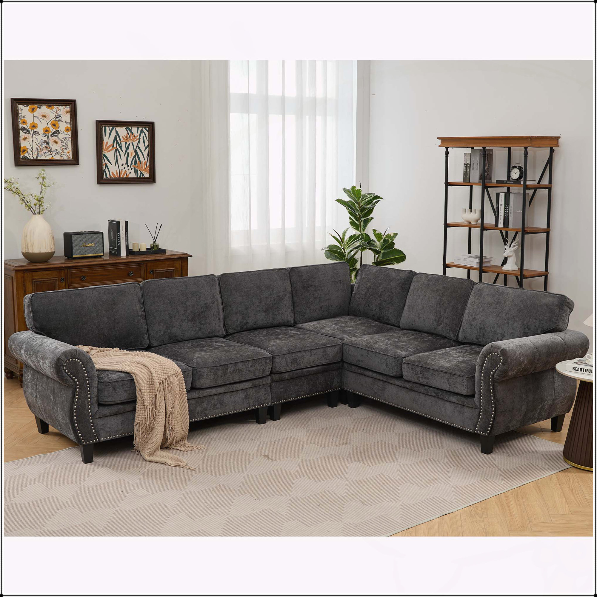 Winston Porter Modular Sectional Sofa with Rivets Decor and Rolled ...