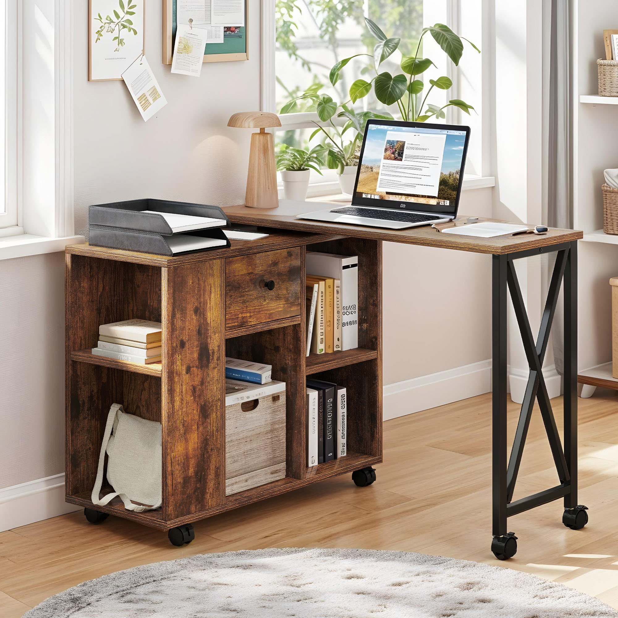 17 Stories Rotating L-Shaped Writing Desk With Drawer & Storage Shelves ...