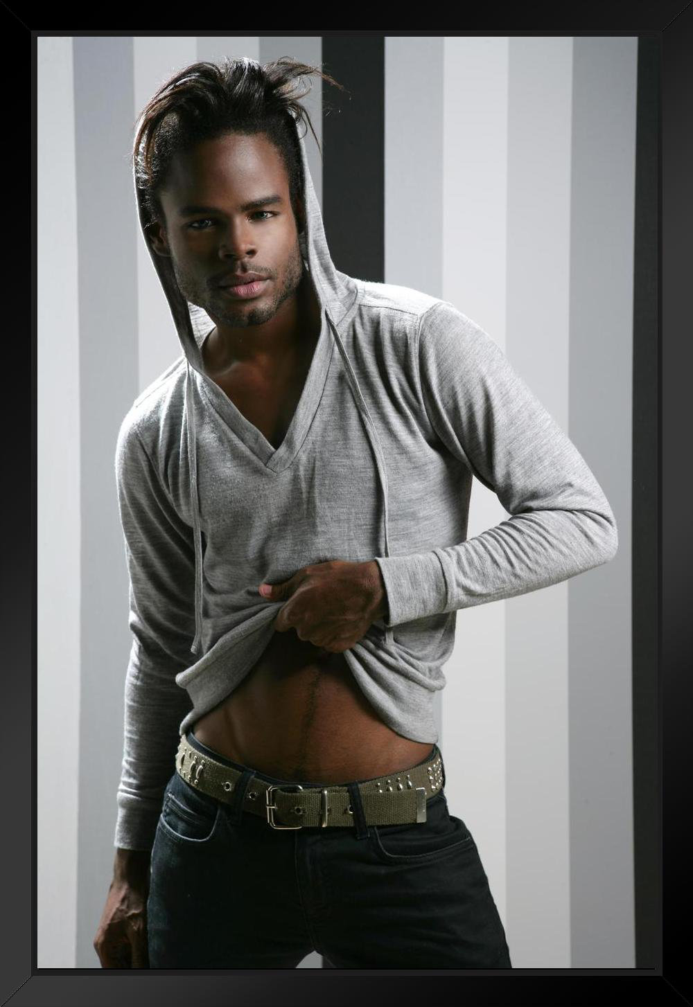 Ebern Designs Hot Guy Wearing a Grey Hood Photo Art Print Black Wood ...