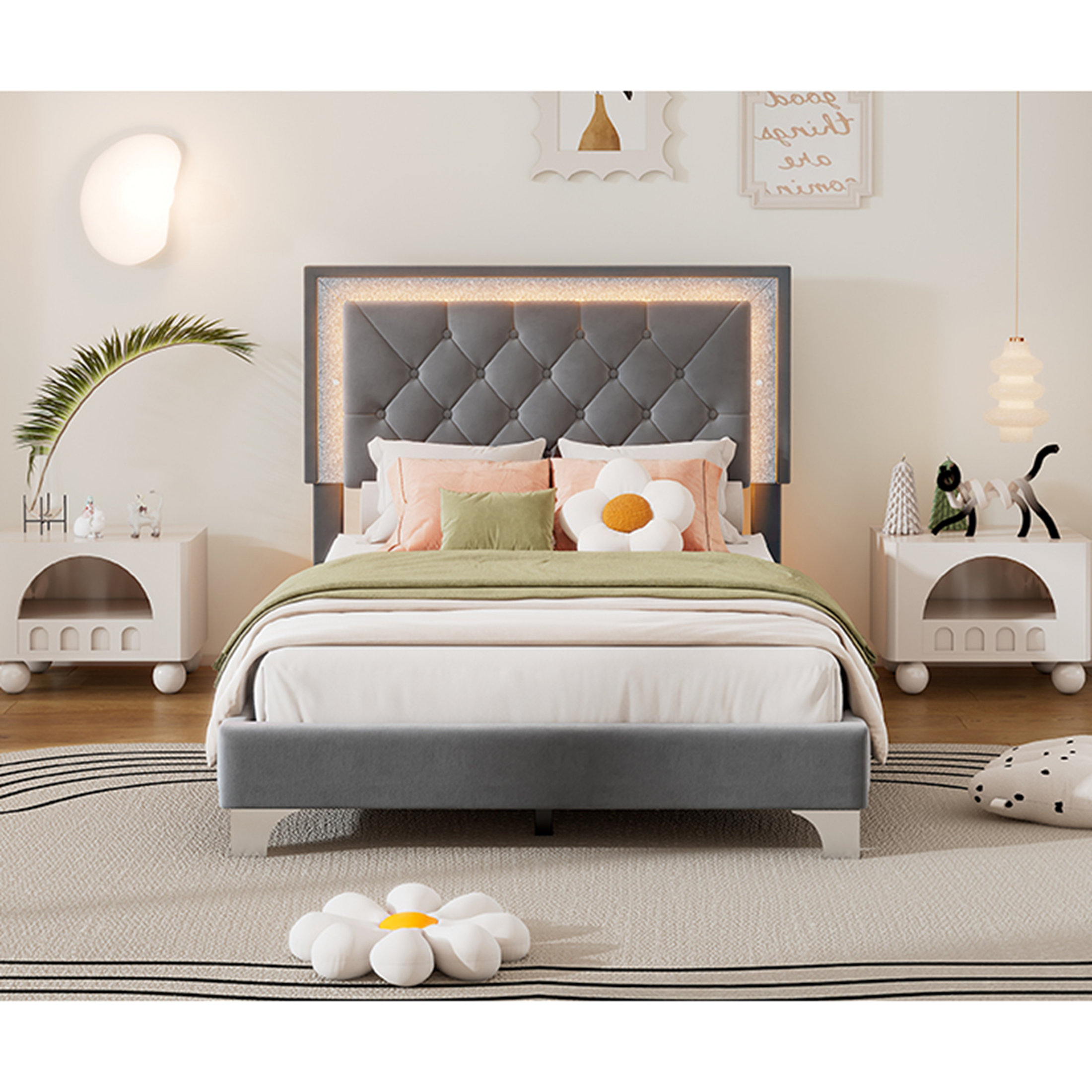 Mercer41 Twin Size LED-Lit Upholstered Bed Frame with Modern Velvet ...