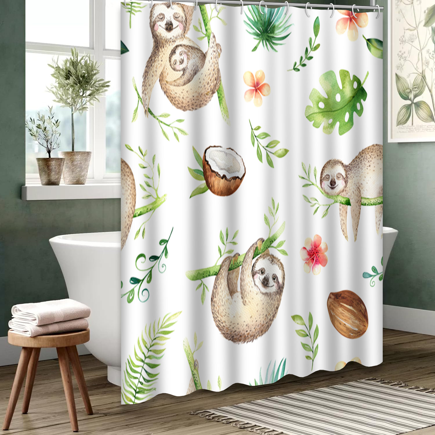 Dakota Fields ??Tropical Sloth Nursery Shower Curtain with 12 Hooks ...