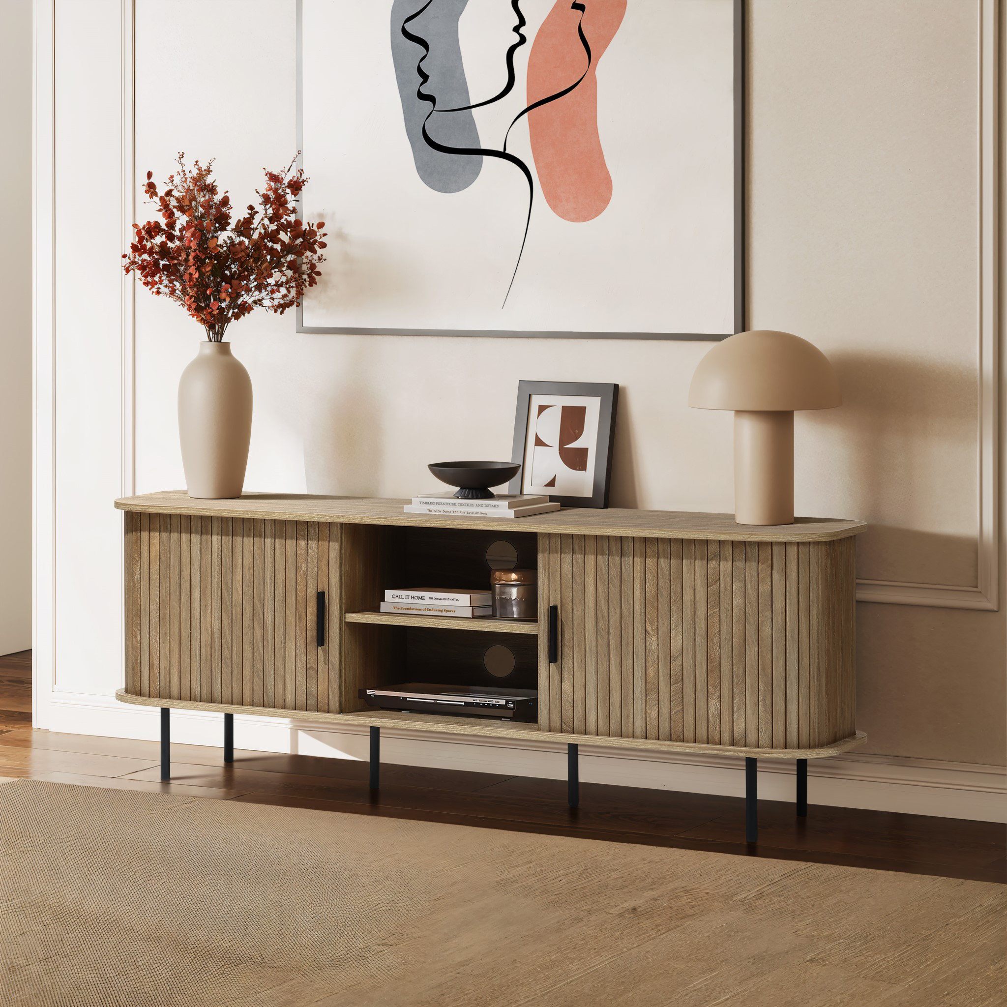 Hokku Designs Aria Mid-Century Modern 2-Door 55.1-Inch Wide TV Console with Slatted Slidng Doors ...