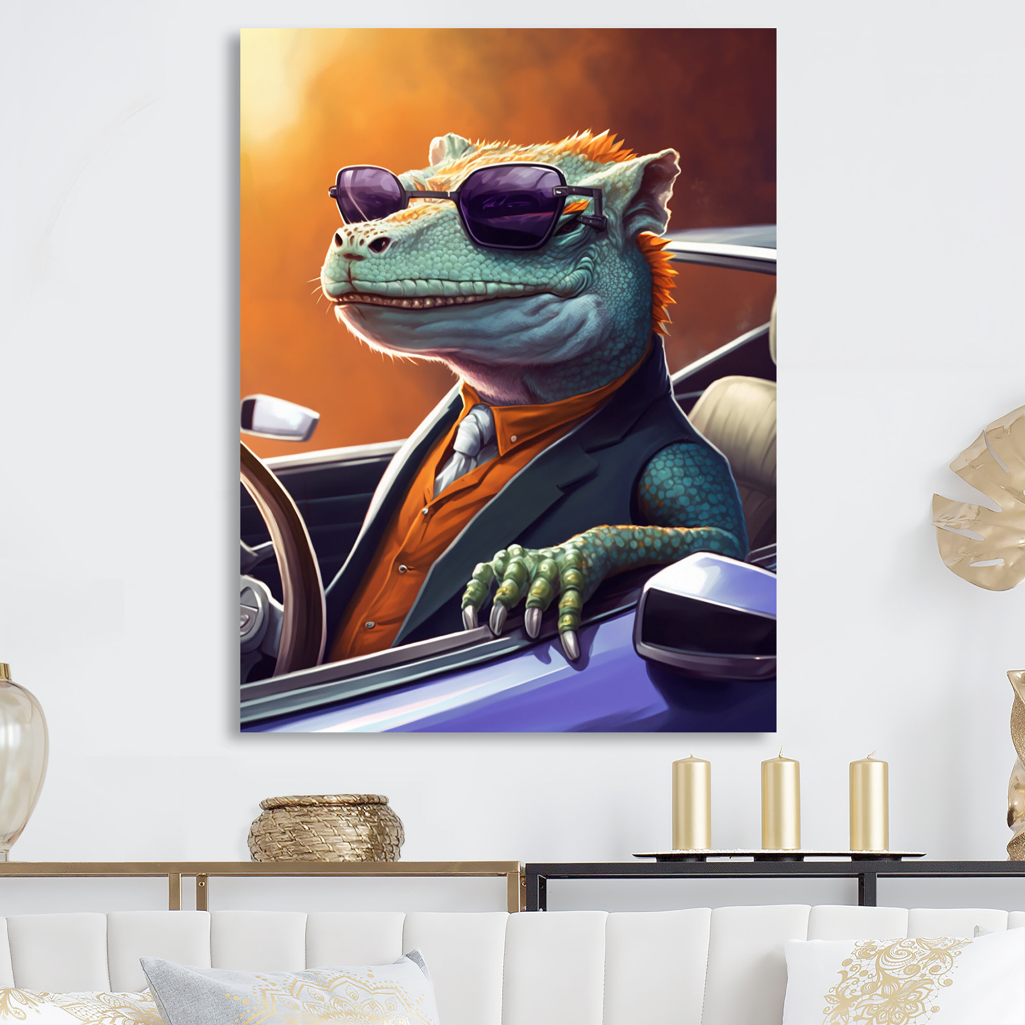 Trinx Green Lizard Wearing Sunglasses In Sportscar - Lizard Metal Wall ...