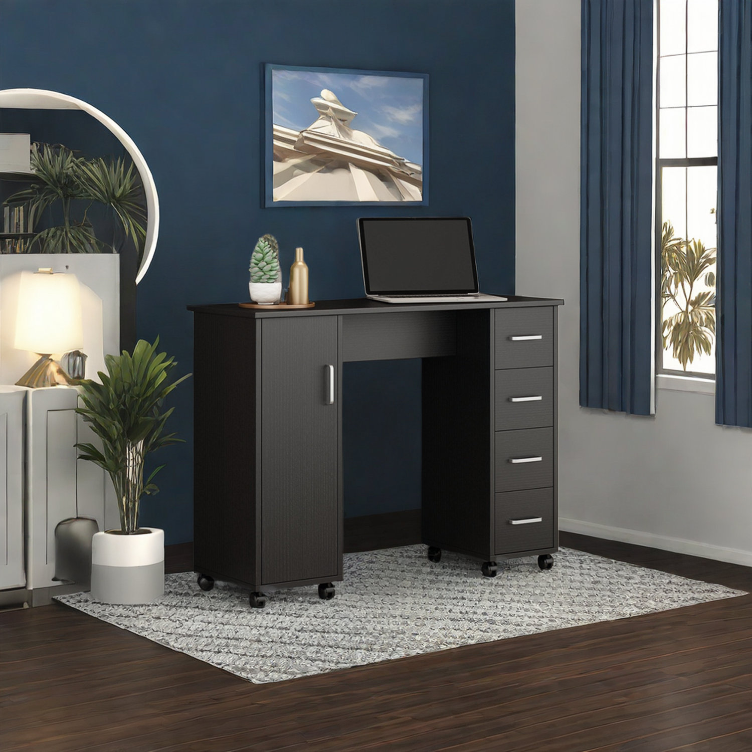 Ebern Designs Yoshimi Straight Computer Desk with Wheels Study Table ...