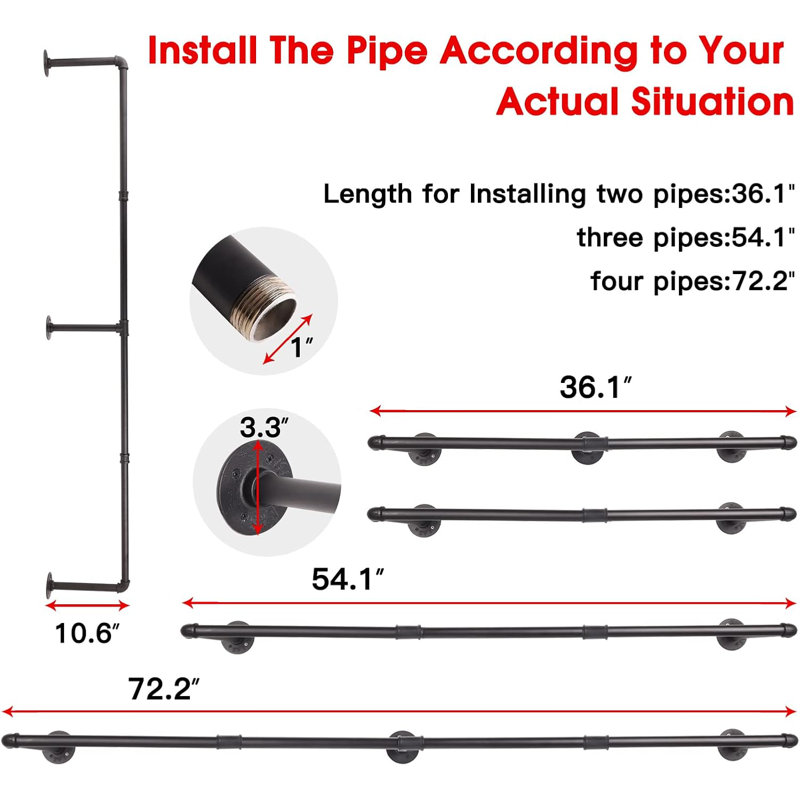 Everly Quinn Clothes Hanger Pole Wall Mount, 72" Heavy Duty Detachable ...