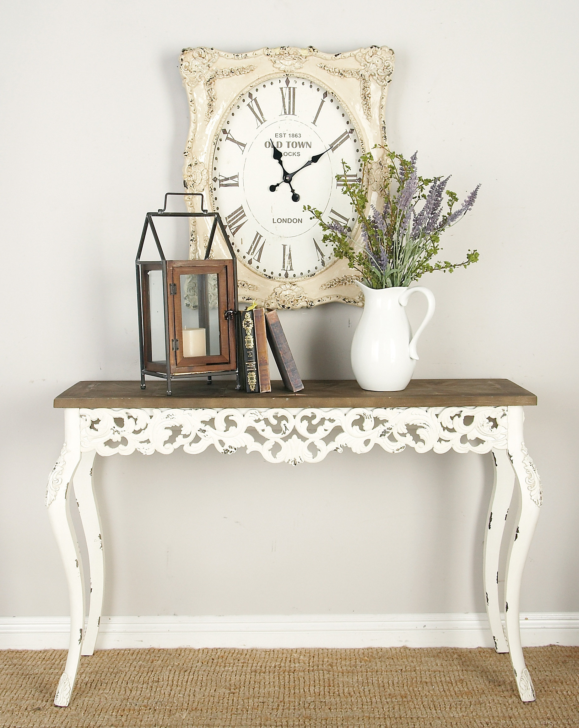 One Allium Way® Wood Intricately Carved Scroll White Console Table with ...