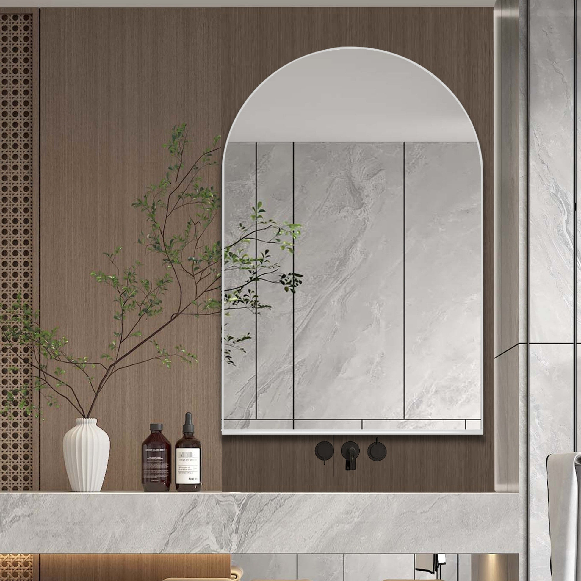 Latitude Run® 24x36 Inch Arched Recessed Bathroom Mirror Shelf - Metal ...