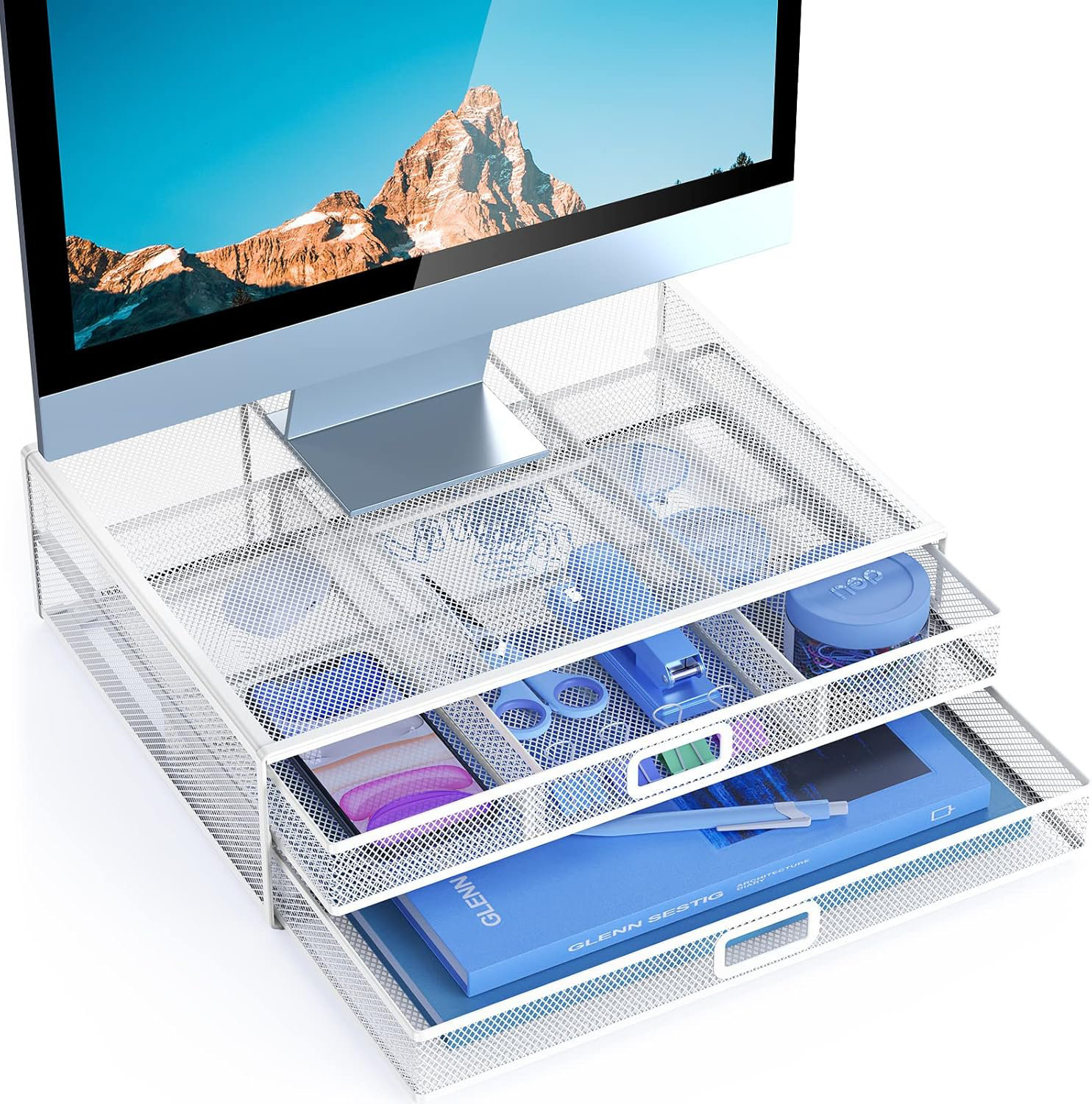 Inbox Zero Monitor Stand With Drawer - Mesh Metal Desktop Organizer ...