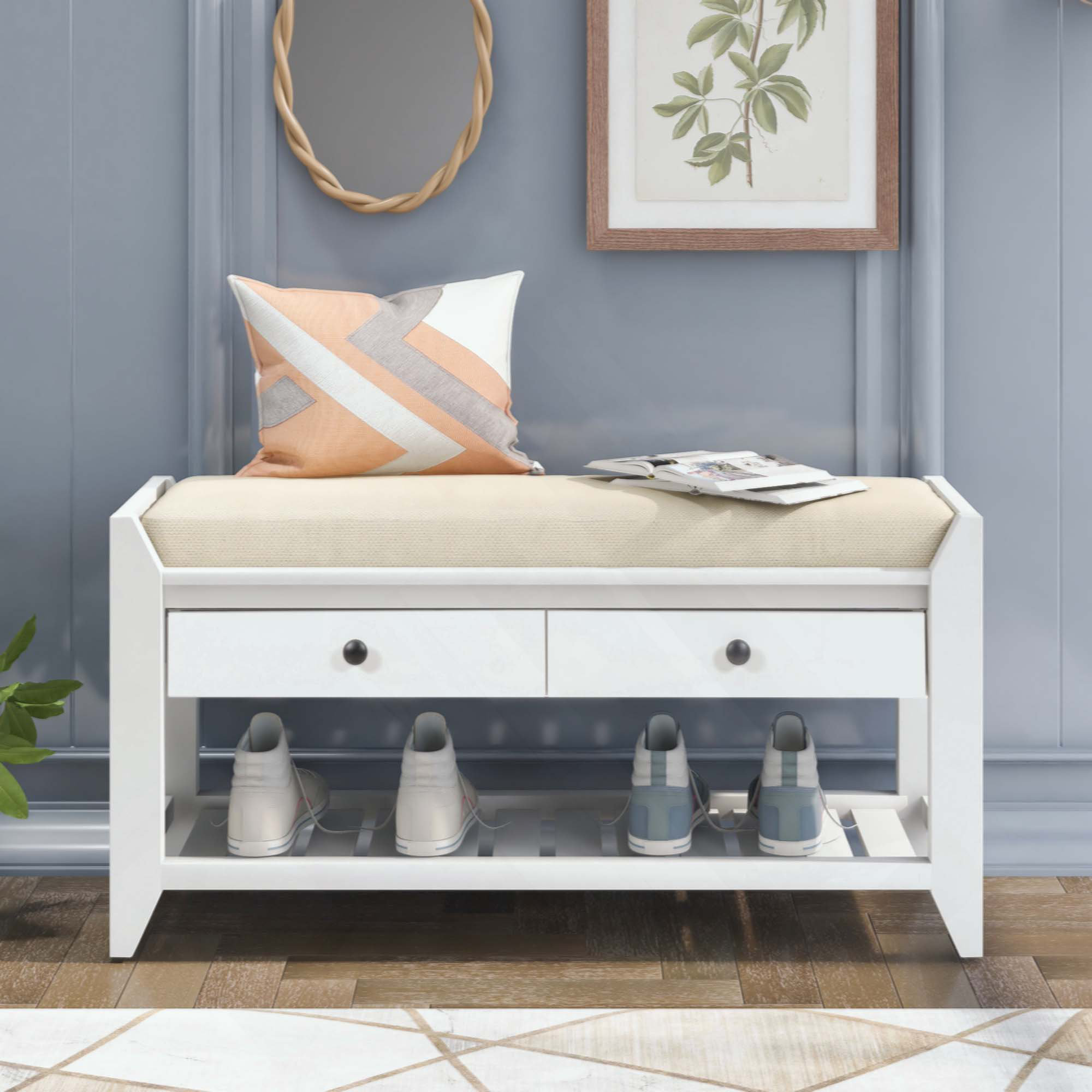August Grove® Shoe Rack With Cushioned Seat And Drawers, Multipurpose ...